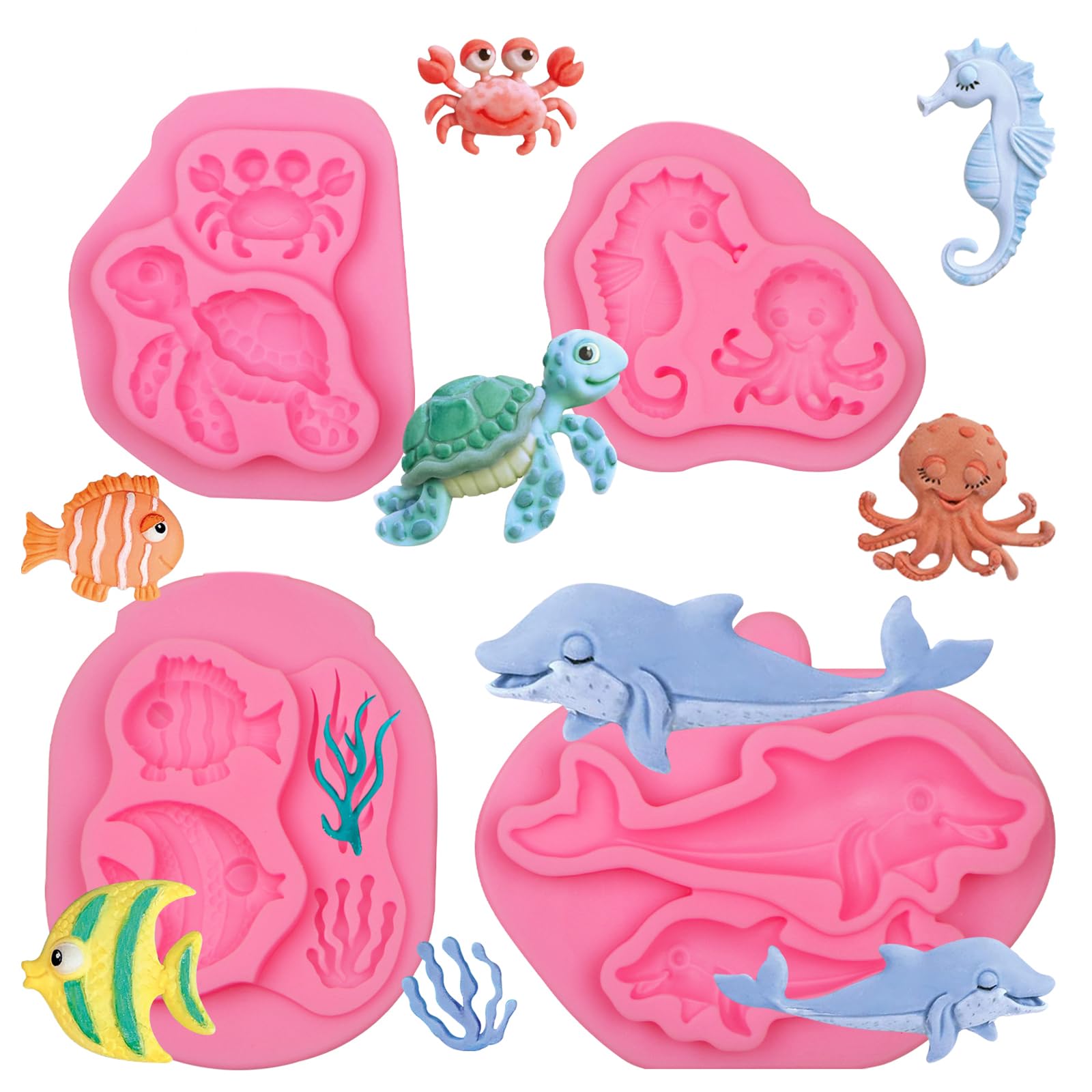 Marine Turtle Fish Fondant Molds Silicone, 4 Packs Sea Coral Dolphin ...