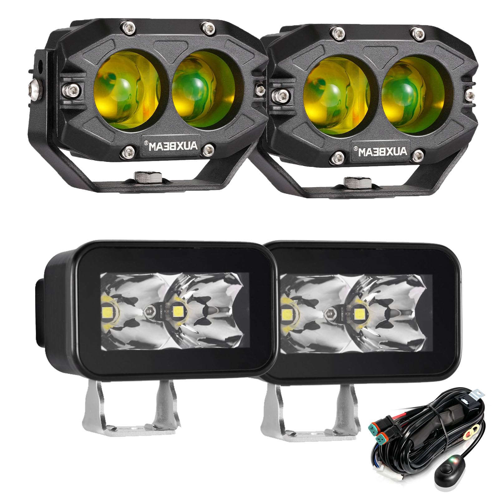 Auxbeam 4 Inch Amber Fog Light+2.5 Inch LED Pod Light, 30W Square Off ...