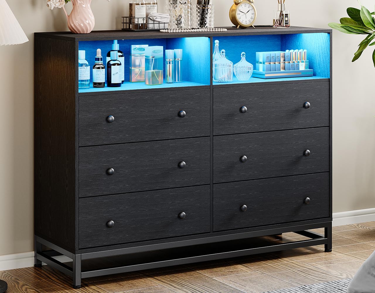 Jojoka Wide Dresser for Bedroom with Charging Station, 6 Drawer Dresser ...