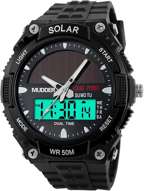 Men Sports Solar Power 50M Waterproof Outdoor LCD Movement Military ...