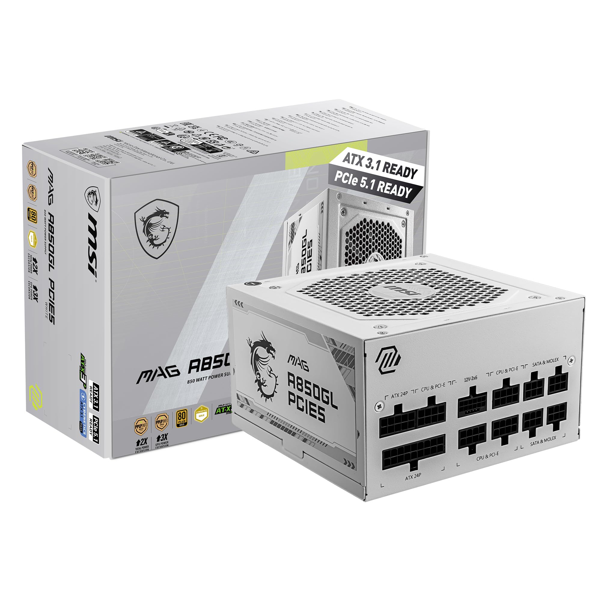 MSI MAG A850GL PCIE 5.1 White Gaming Power Supply - Full Modular - 80 Plus Gold Certified 850W ...