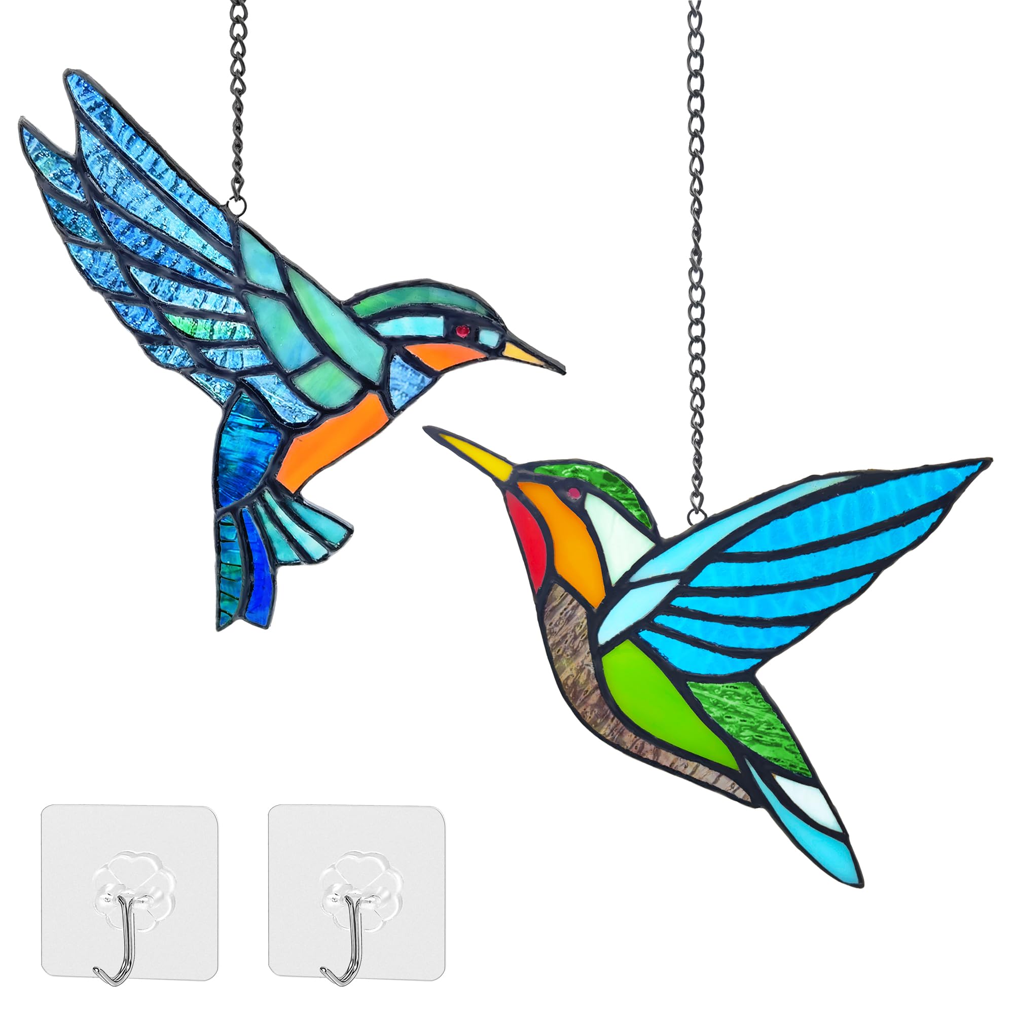 Royxen 2 Pack Hummingbird Stained Glass Window Hangings Handmade Bird ...