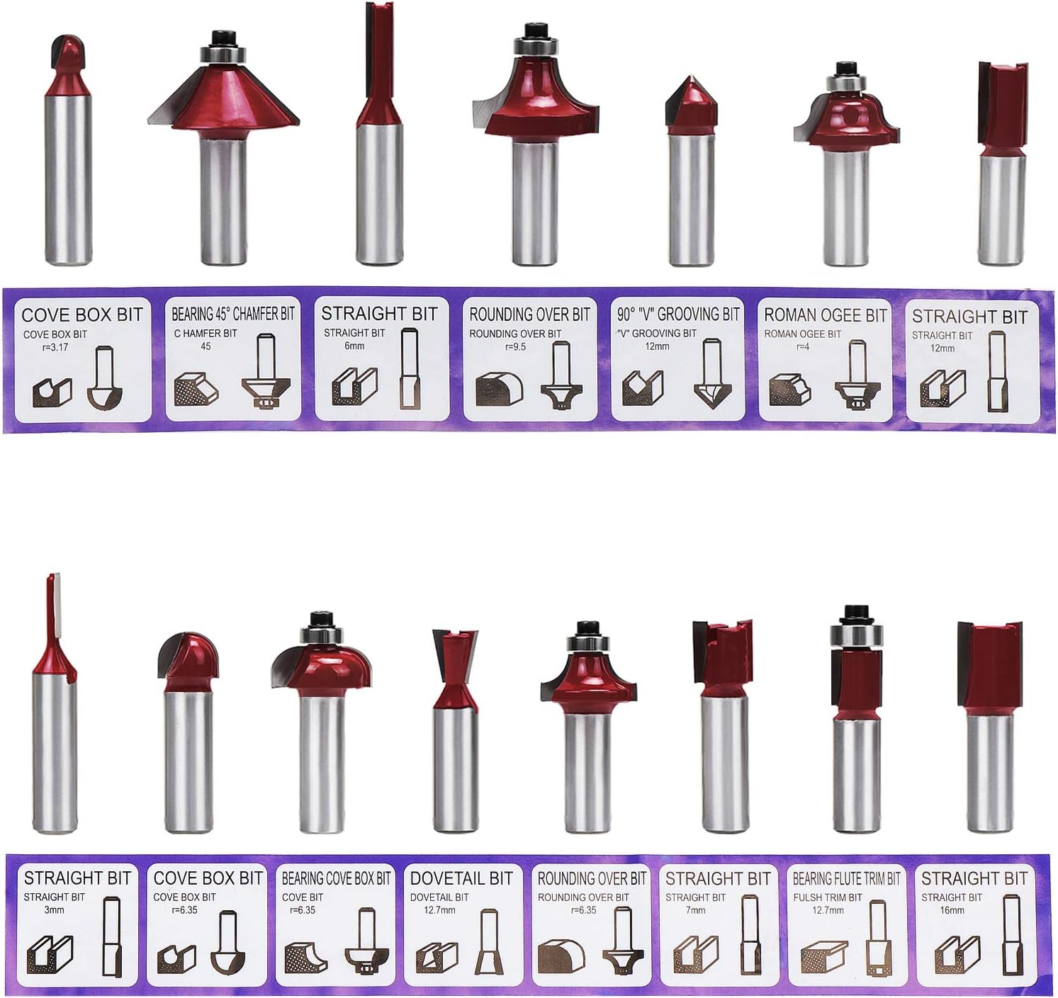 HSEAMALL 15PCS 12.7mm 1/2 Inch Shank Tungsten Carbide Router Bit Set ...