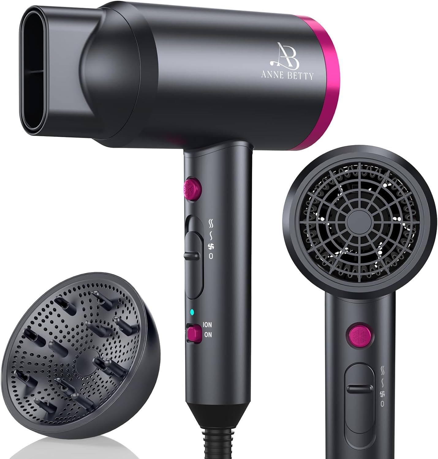Anne Betty Ionic Hair Dryer With Diffuser Powerful 1800W Blow Dryer Anne Betty Ionic Hair Dryer With Diffuser Powerful 1800W Blow Dryer