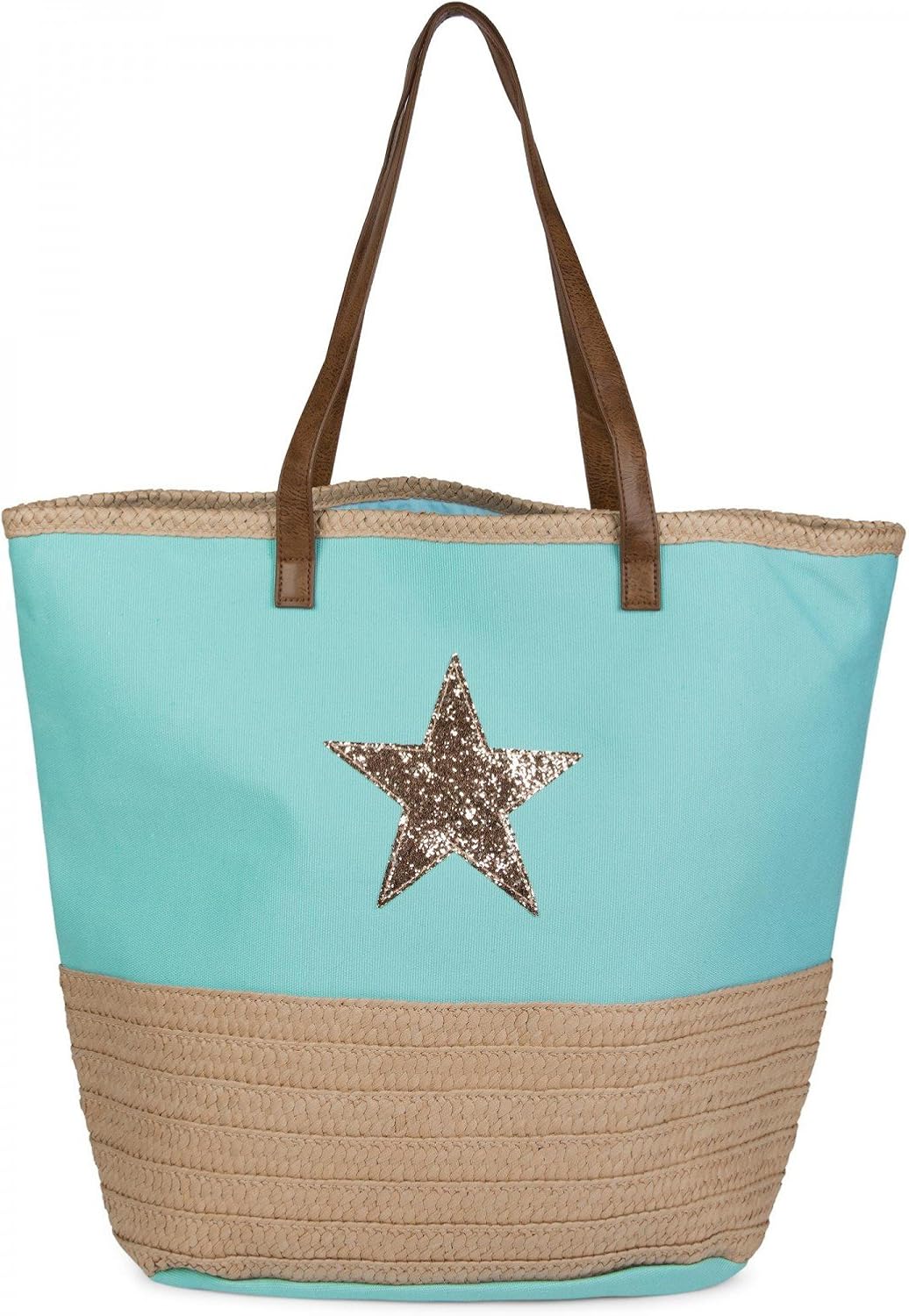 styleBREAKER Strandtasche mit Pailetten Stern und Bast, Schultertasche ...