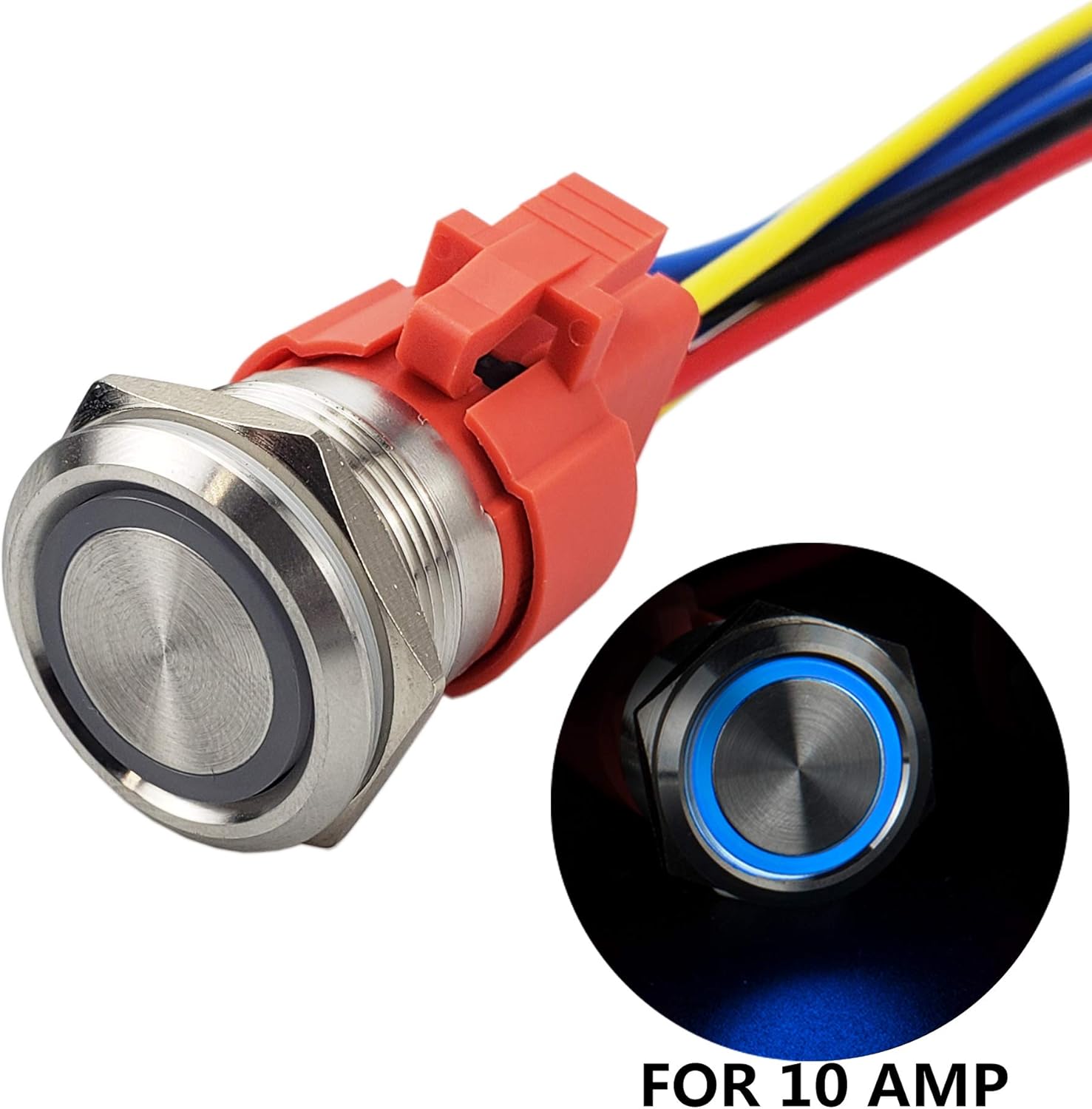 APIELE 10 Amp 22mm Momentary Push Button Switch 12V Angel Eye LED Waterproof Stainless Steel ...