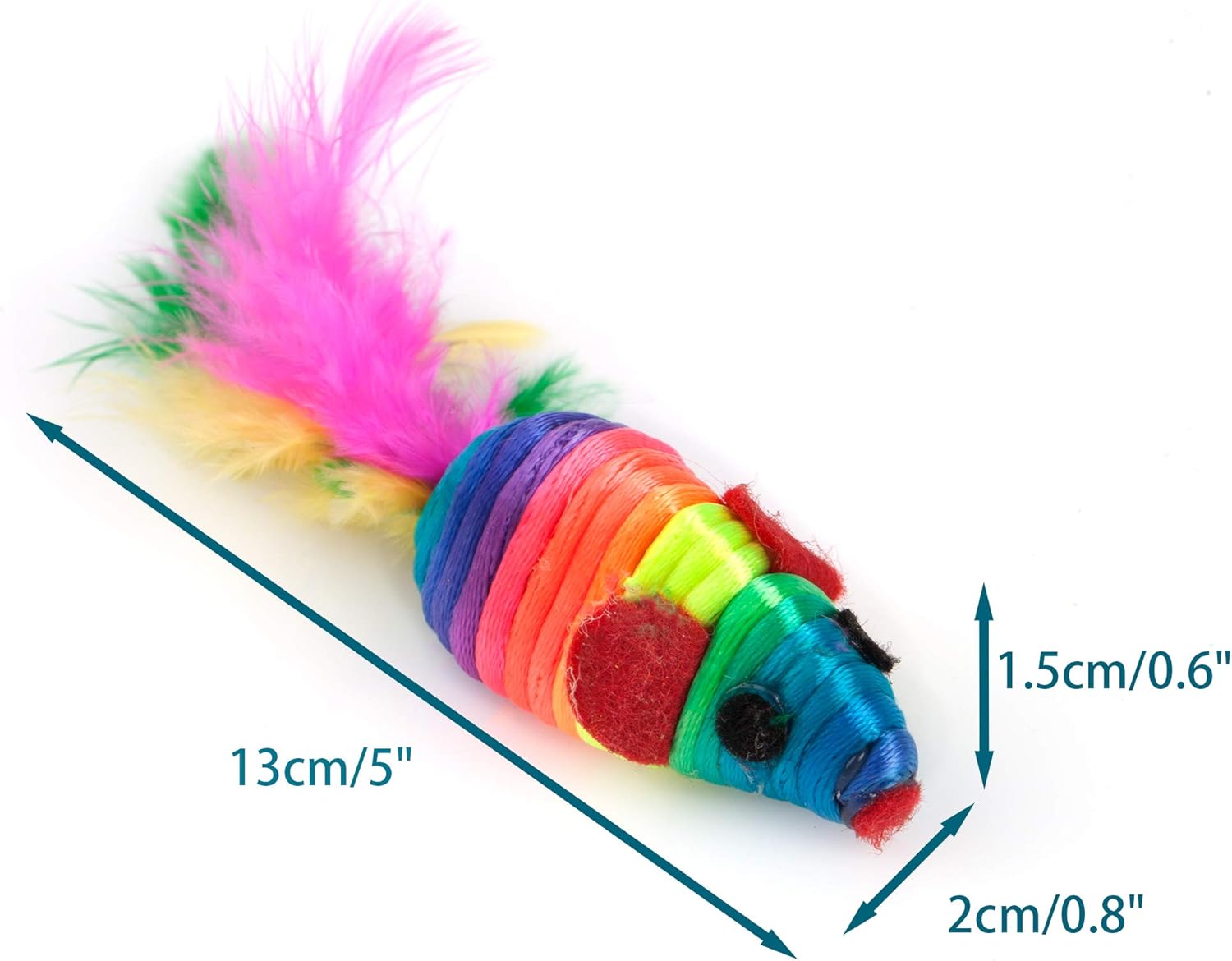 CHIWAVA 24PCS 5″ Rattle Cat Toys Mice with Feather Rainbow Rope Mouse ...