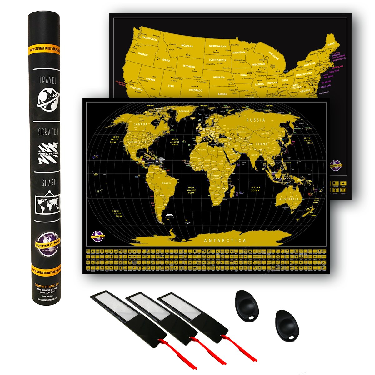 Scratch-It World Map Poster - Quality Scratchable Travel Map W/US Flags ...
