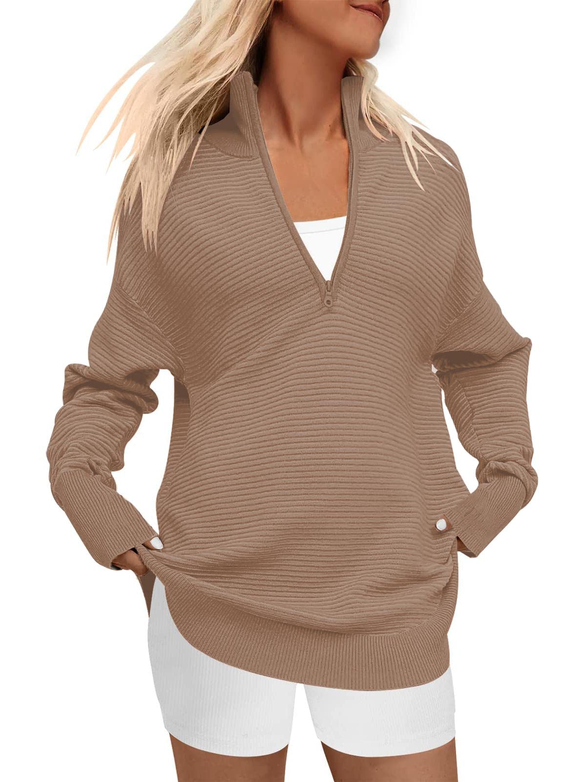 DEEP SELF Half Zip Pullover Women V Neck Stand Collar Casual Long ...