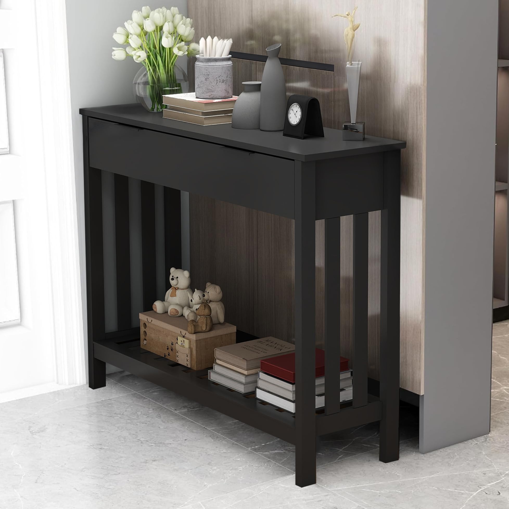 TaoHFE Black Entryway Table with Drawer Modern Wood Narrow Console ...