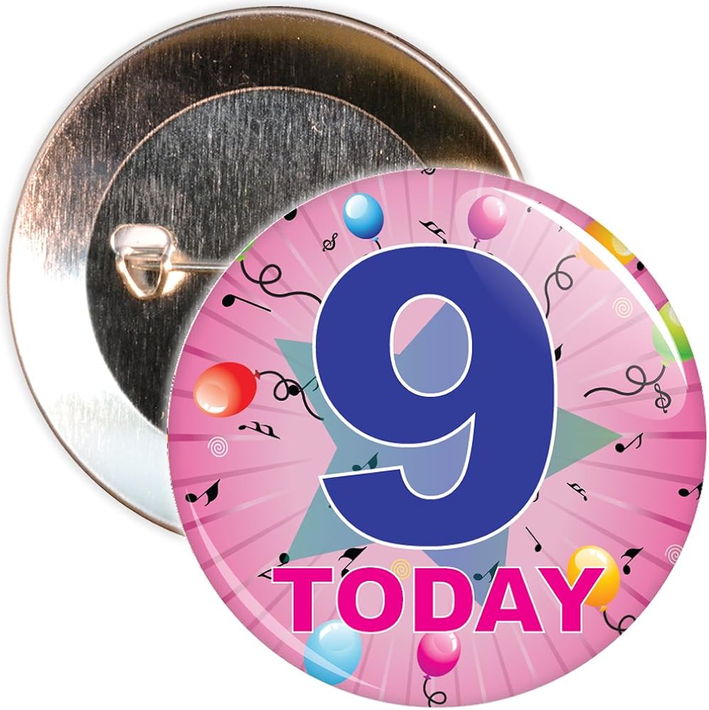 Pink 9th Birthday Badge available in a choice of 2 sizes (59mm): Amazon ...