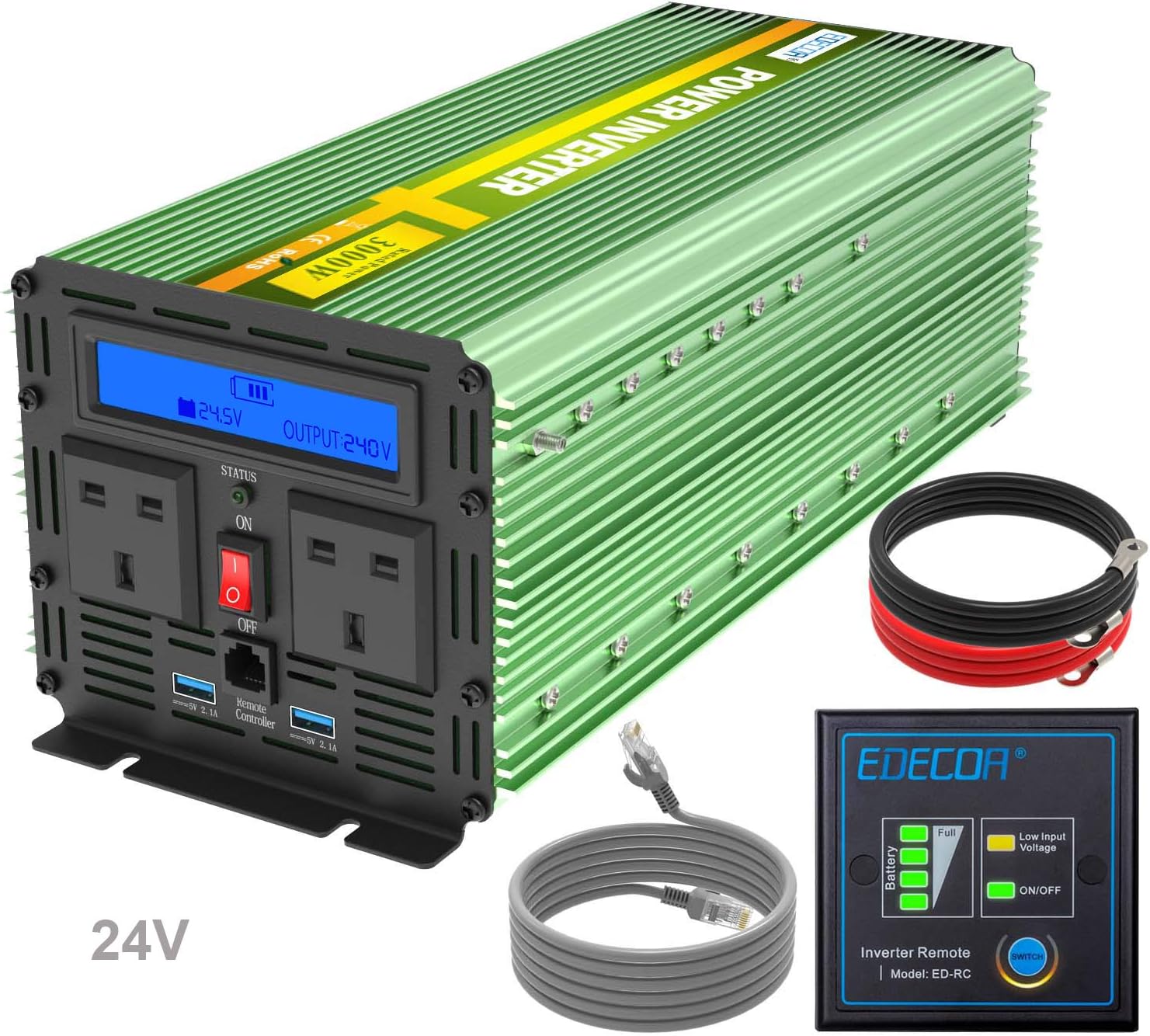 EDECOA 3000W 24V Power Inverter DC 24V to 240V 230V 220V AC with LCD Display, Remote Control and ...
