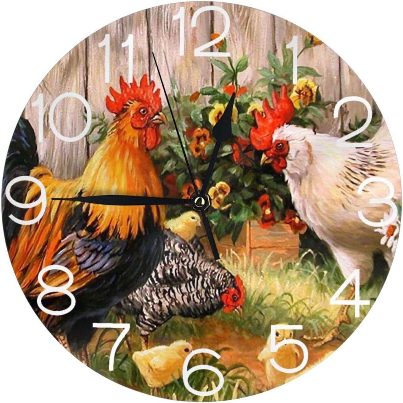 Amazon.com: Chicken Roosters Garden Flowers Painting Wall Clock Silent ...