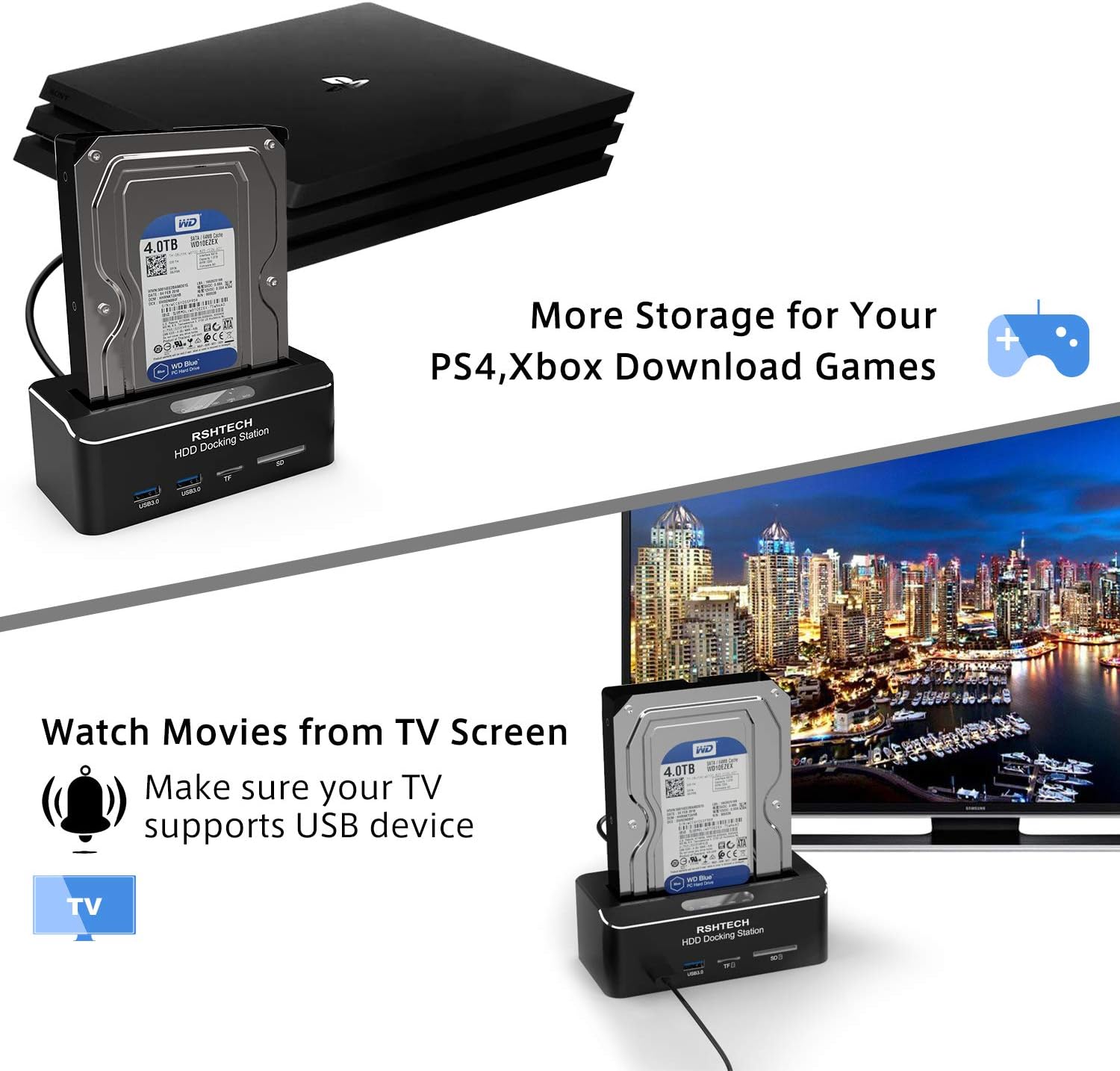 RSHTECH Hard Drive Docking Station Aluminum Dual Bay SATA Hard Drive ...