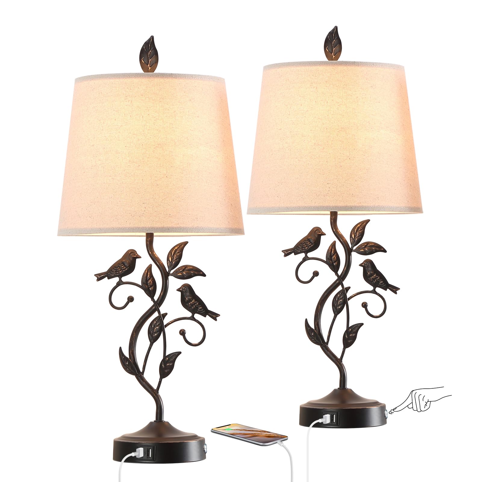 RORIA Set of 2 Touch Living Room Table Lamps with 2 USB Ports, Vintage ...