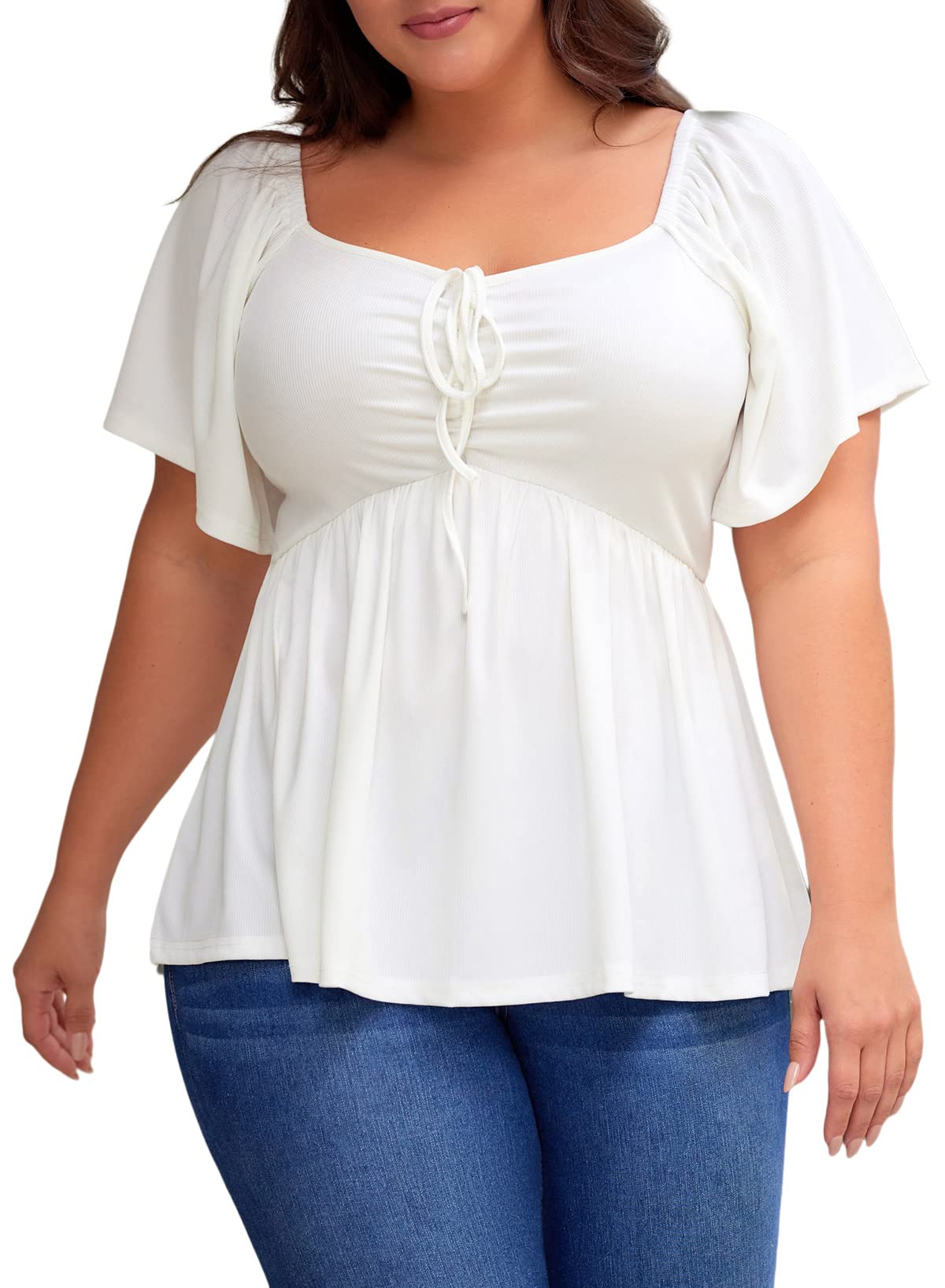 Eytino Women Plus Size Ruched Shirred Short Sleeve Sweetheart Neck ...