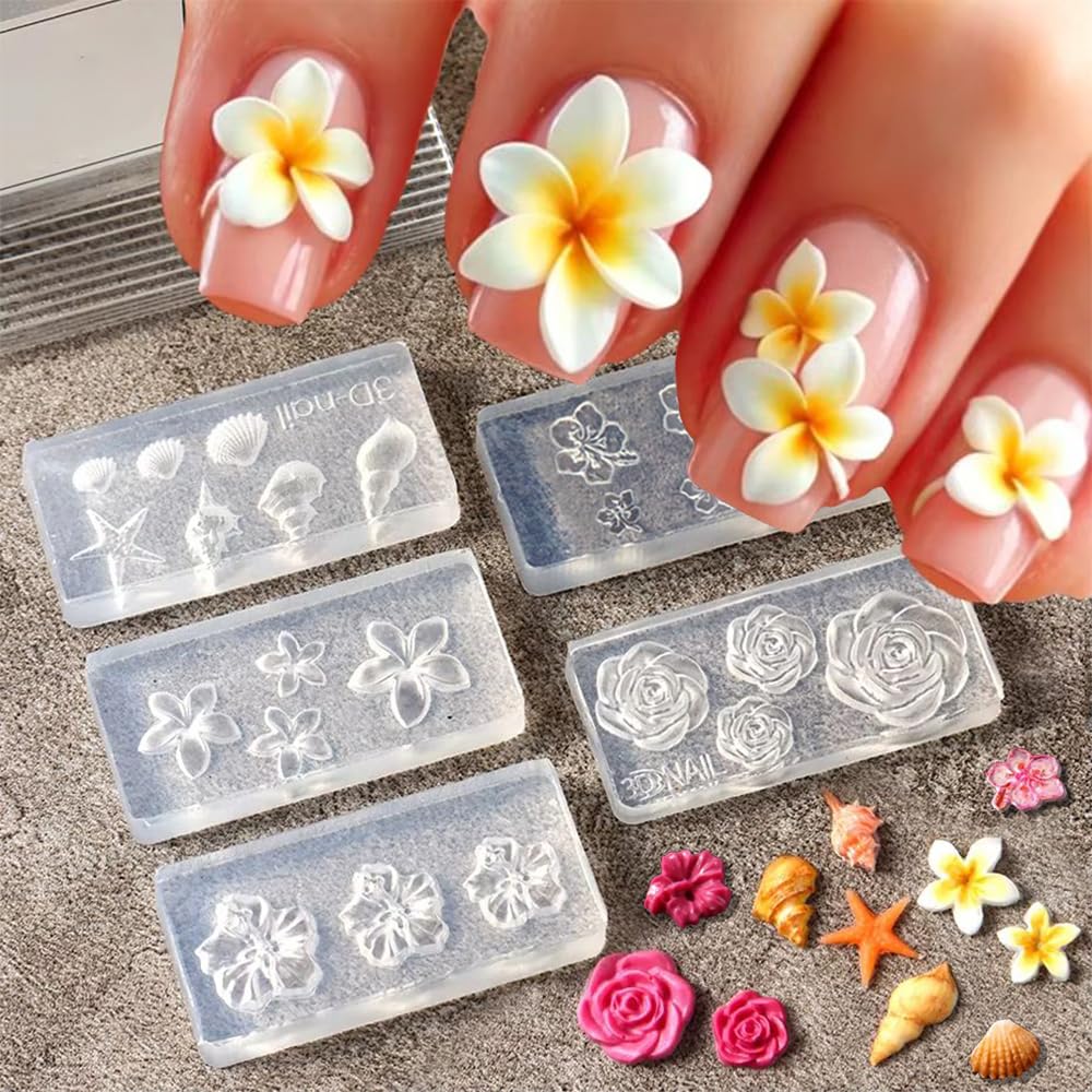 5pcs Silicone Nail Molds Flower Nail Mold Plumeria Cherry Blossom Rose ...
