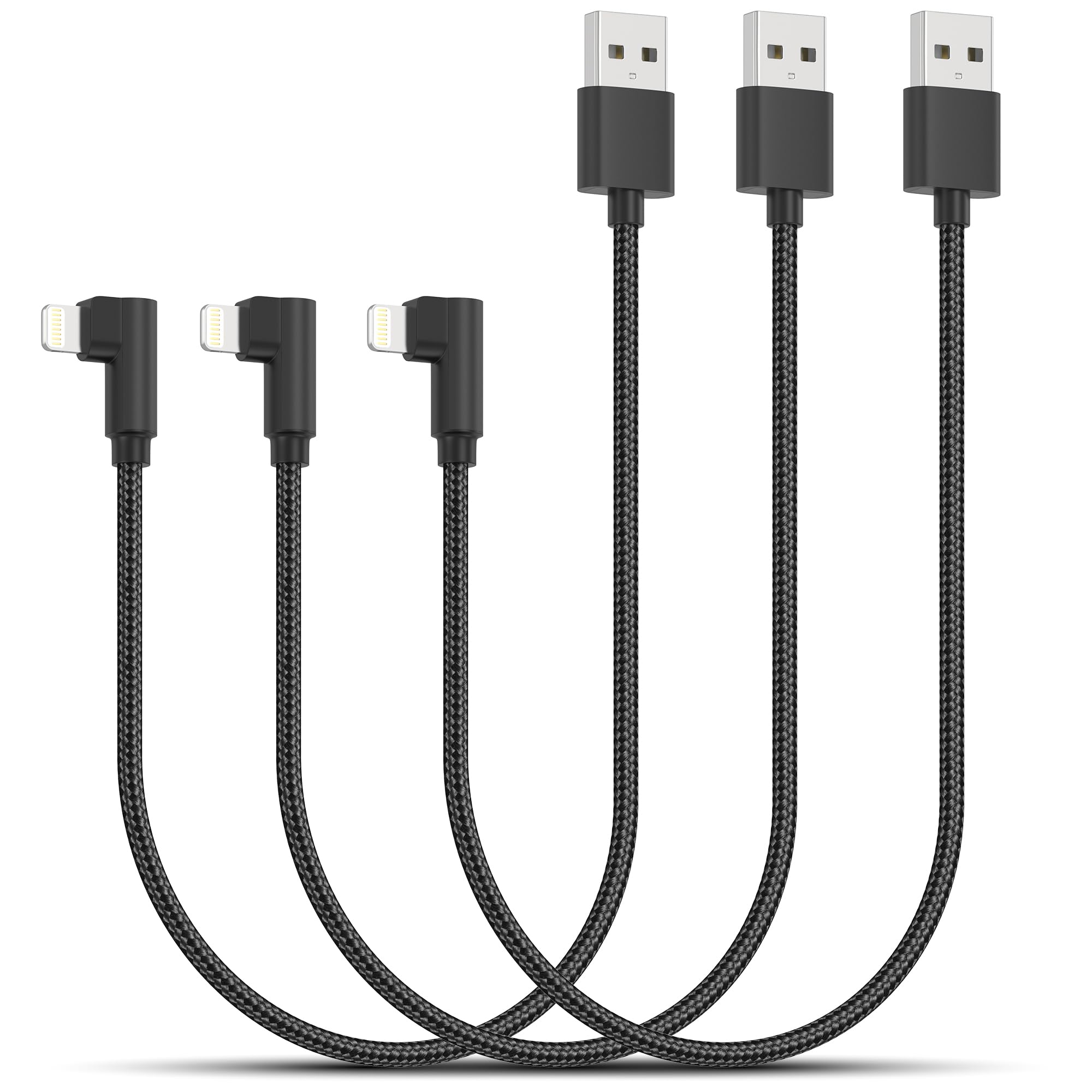 90 Degree iPhone Charger 1ft, 3Pack [Apple MFi Certified] Short Braided ...