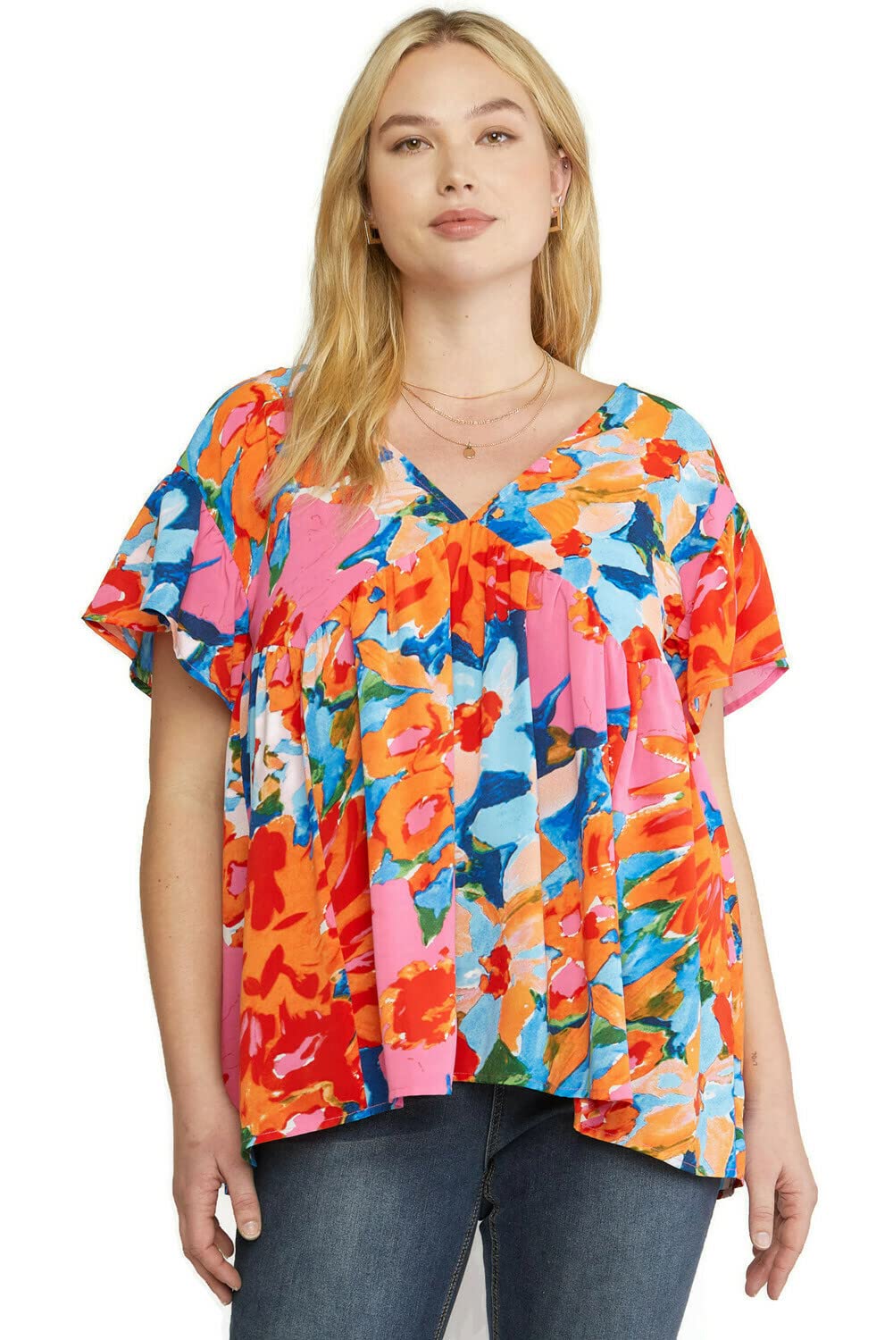 Entro Women's Floral Double V Ruffle Sleeve Tunic Top (Medium, Pink ...