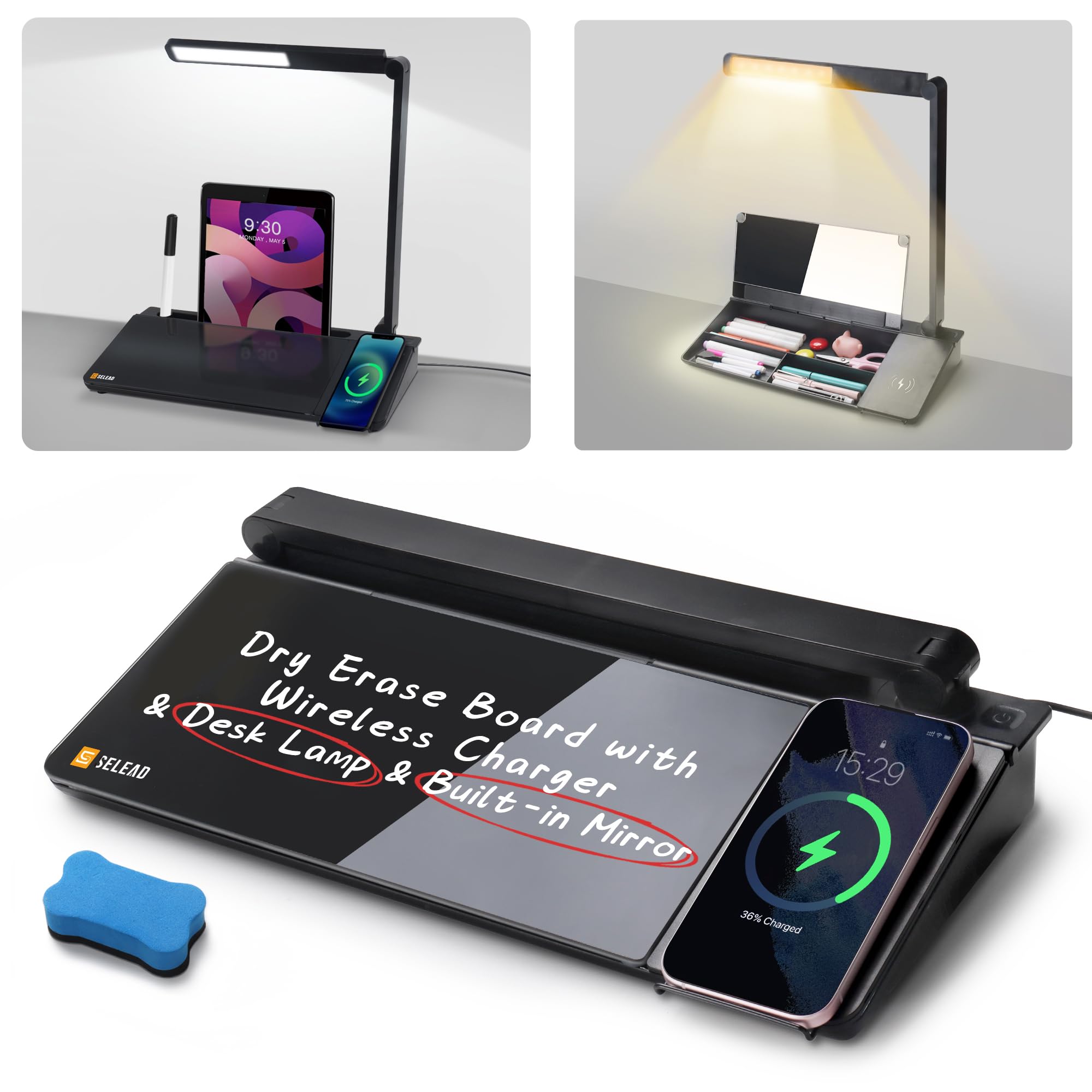 SELEAD Desktop Glass Whiteboard with Wireless Charger Station and Desk ...