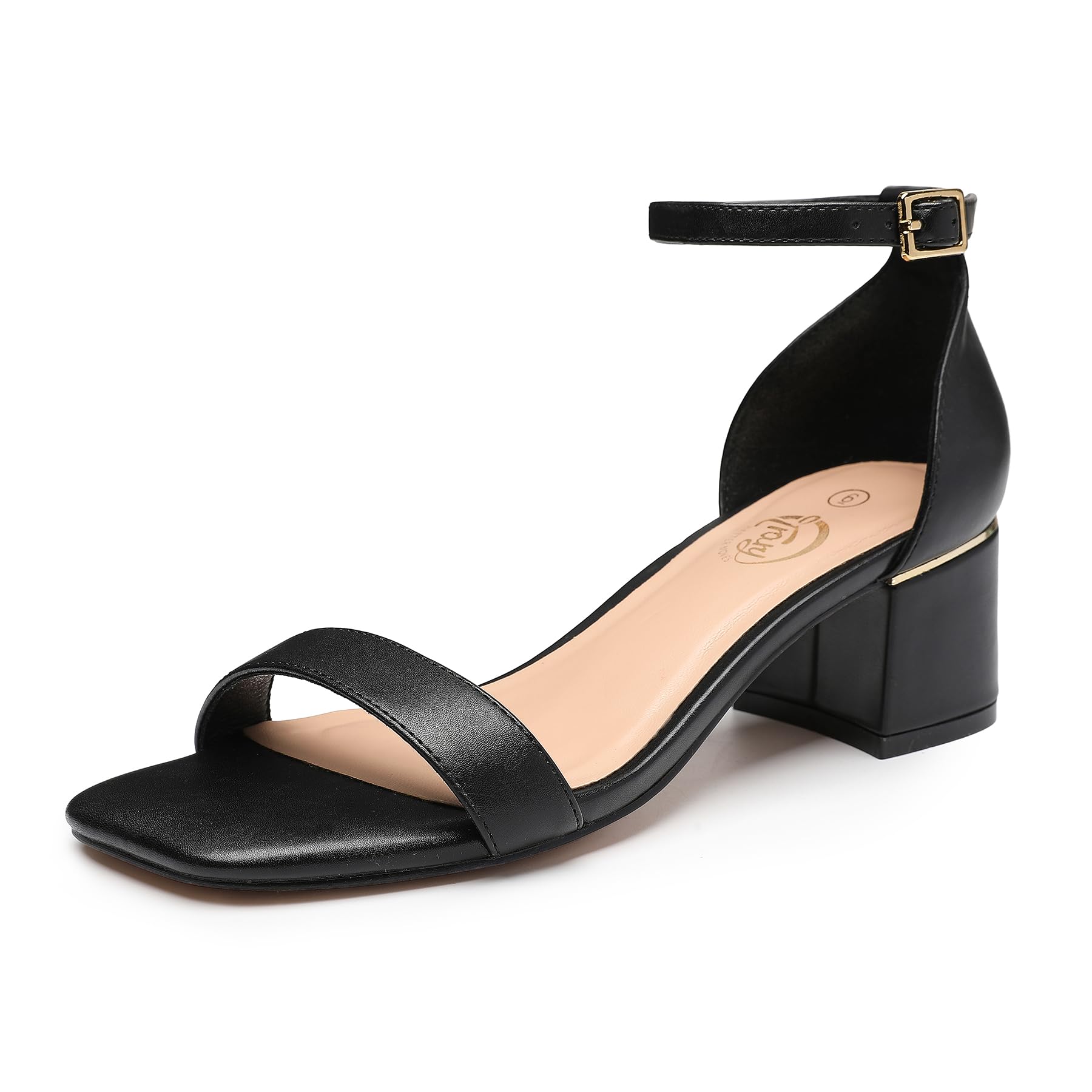 Trary Low Black Heels for Women Square Open Toe Ankle Strap Women's ...