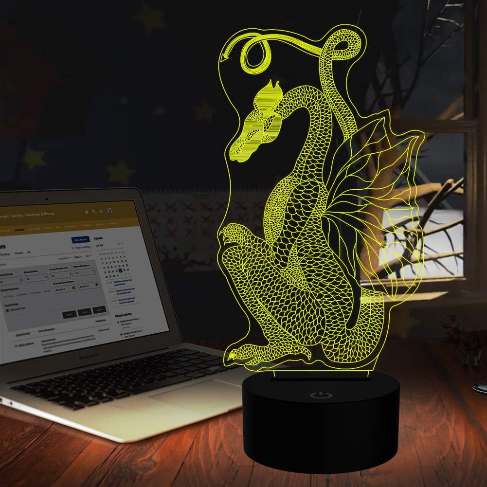 3D Illusion Lamp Dragon LED Night Light, 7 Colours Flashing Touch ...