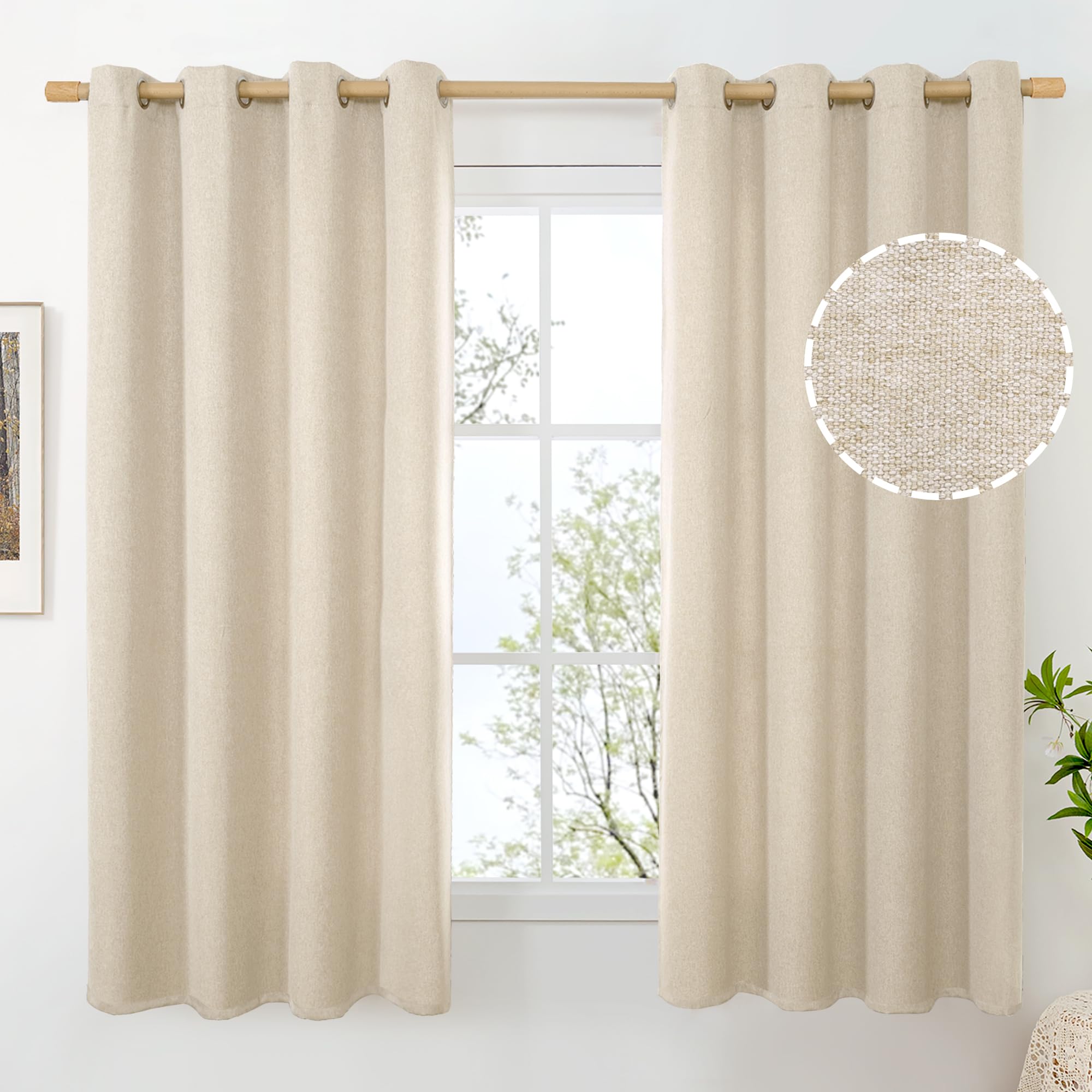 BGment Oatmeal Linen Curtains for Bedroom 63 Inch Length, No See ...