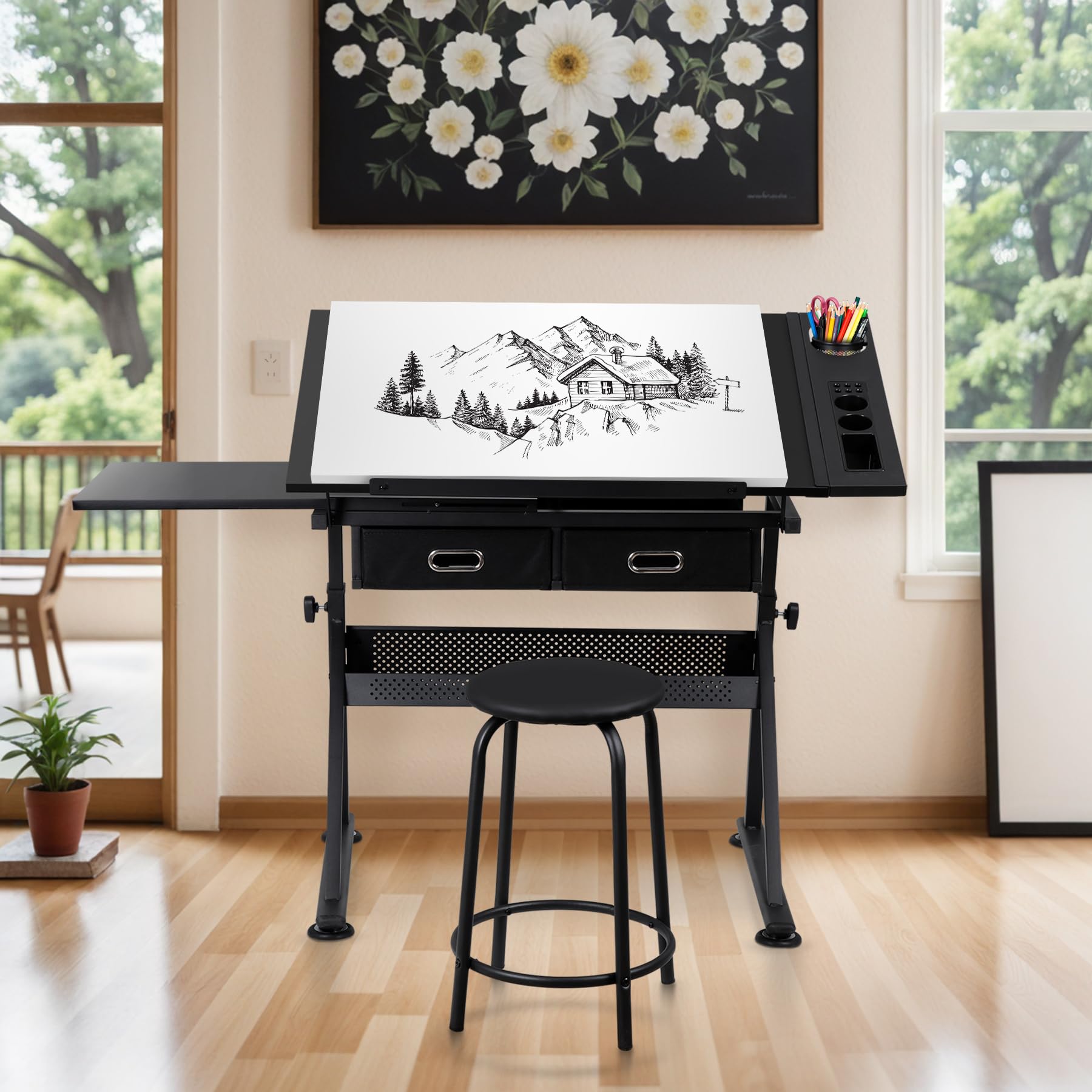 ZENY Adjustable Drafting Table With Stool, Tilting Drawing Desk Artist ...