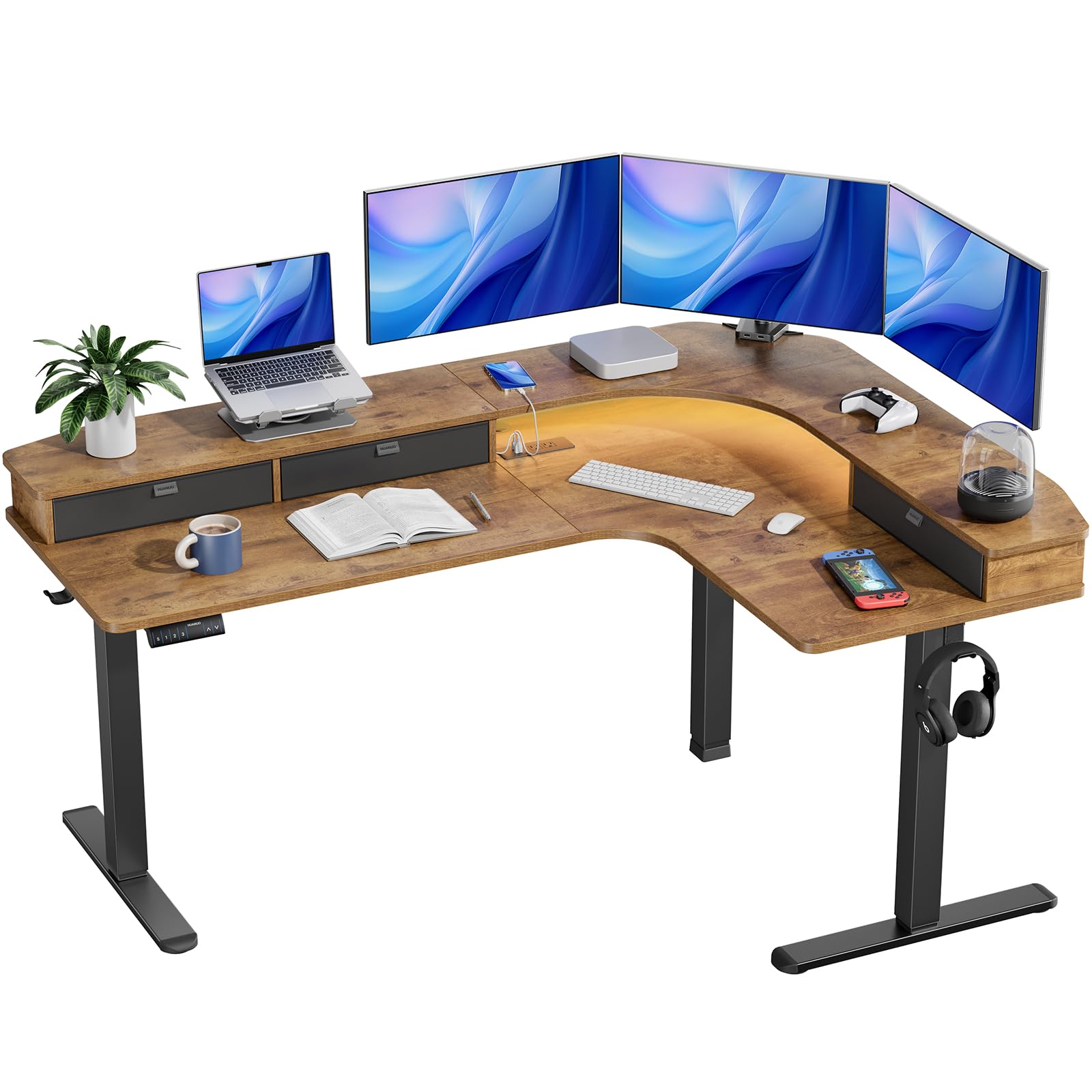 HUANUO 65? L-Shaped Standing Desk with Power Outlets & LED Strip ...
