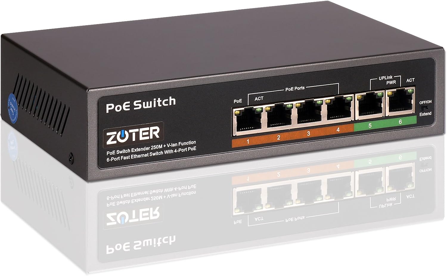 PoE Switch, ZOTER 6 Ports 4 PoE Injector Hub 10/100M Extender 250M ...