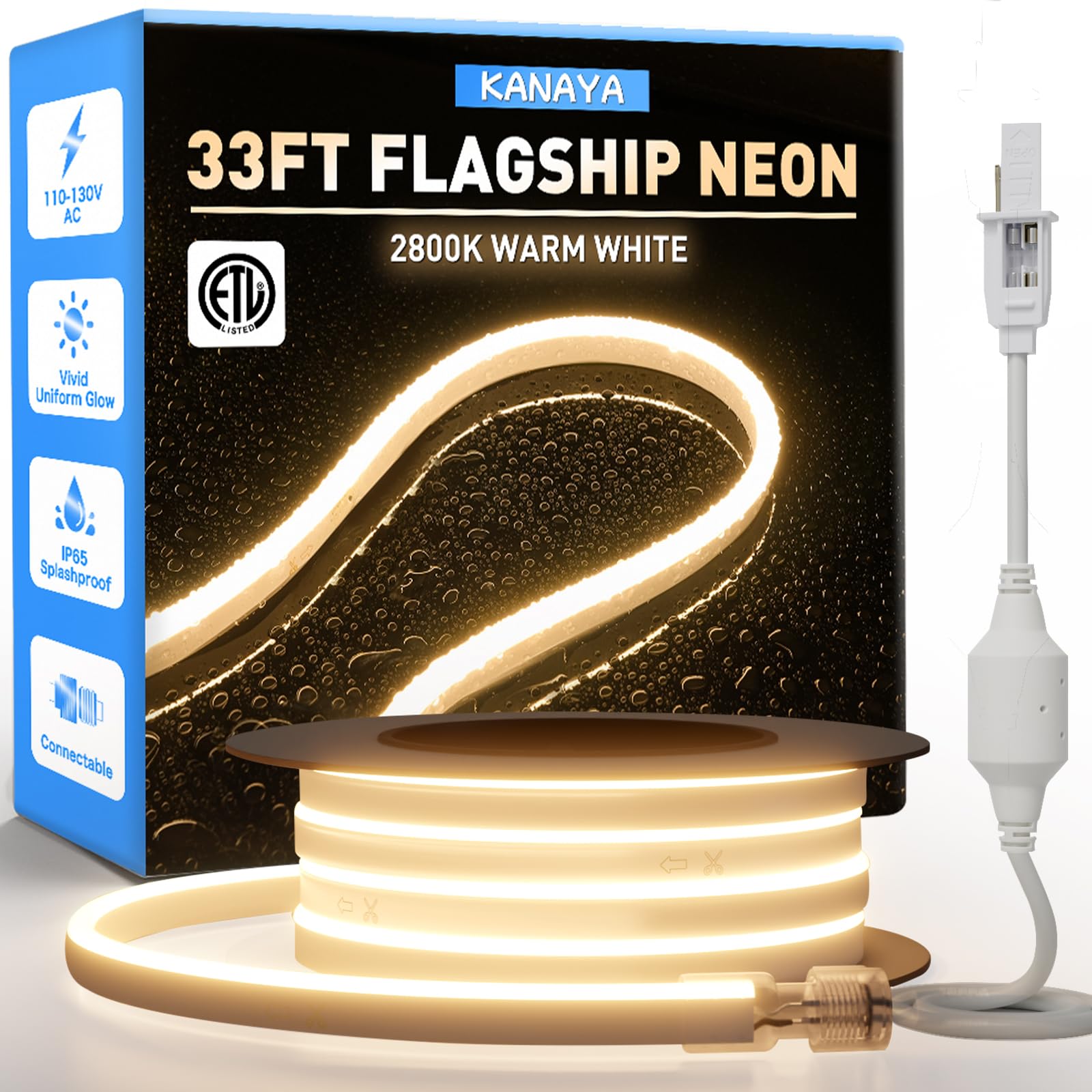 KANAYA 33ft Led Neon Rope Lights Warm White 2800K, ETL Listed 110-120V ...