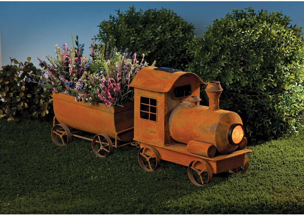 Vintage Solar Train Planter-Rustic Looking Metal Sculpture - Solar ...