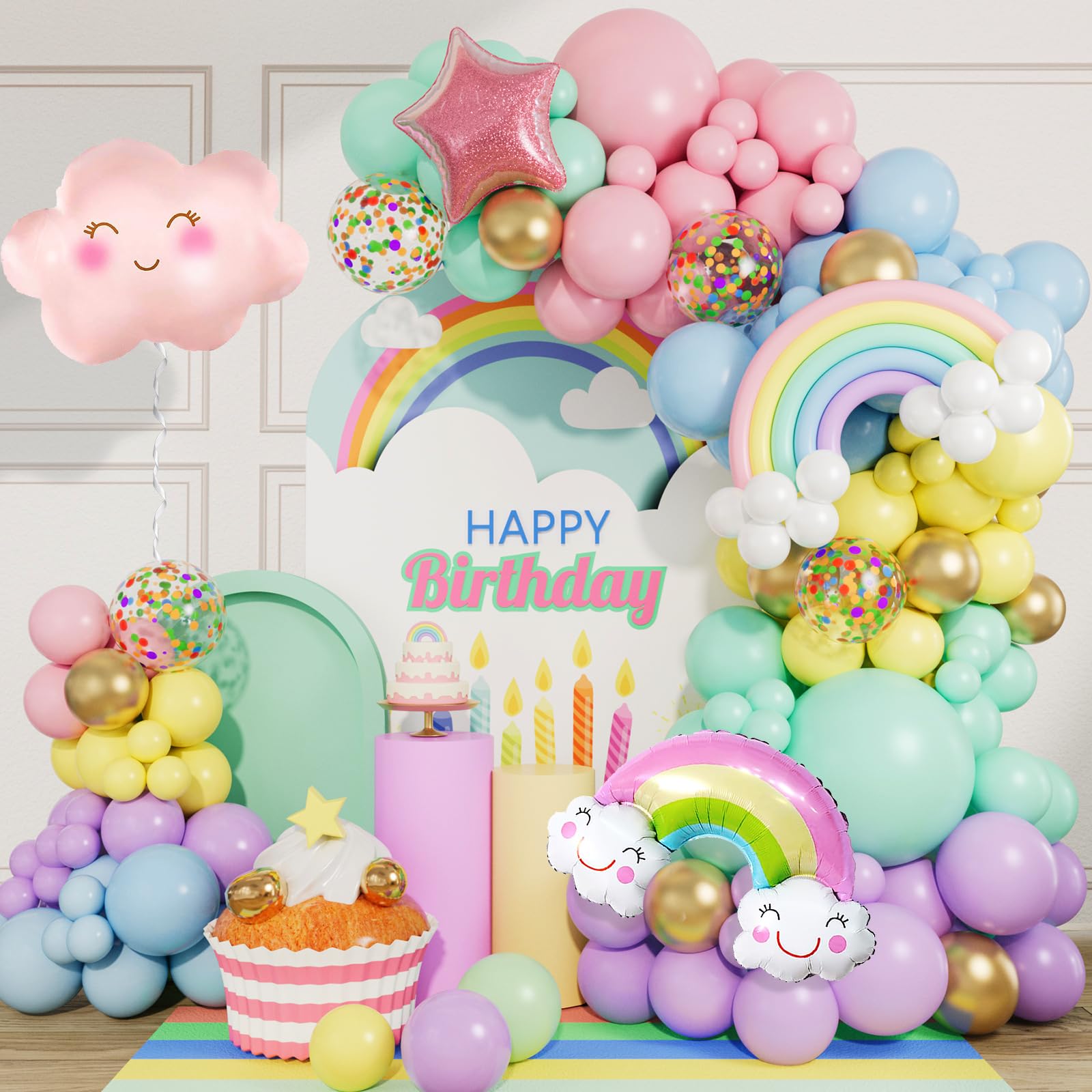 CboDeco Pastel Rainbow Balloon Garland Arch Kit Clouds Balloons Pink ...