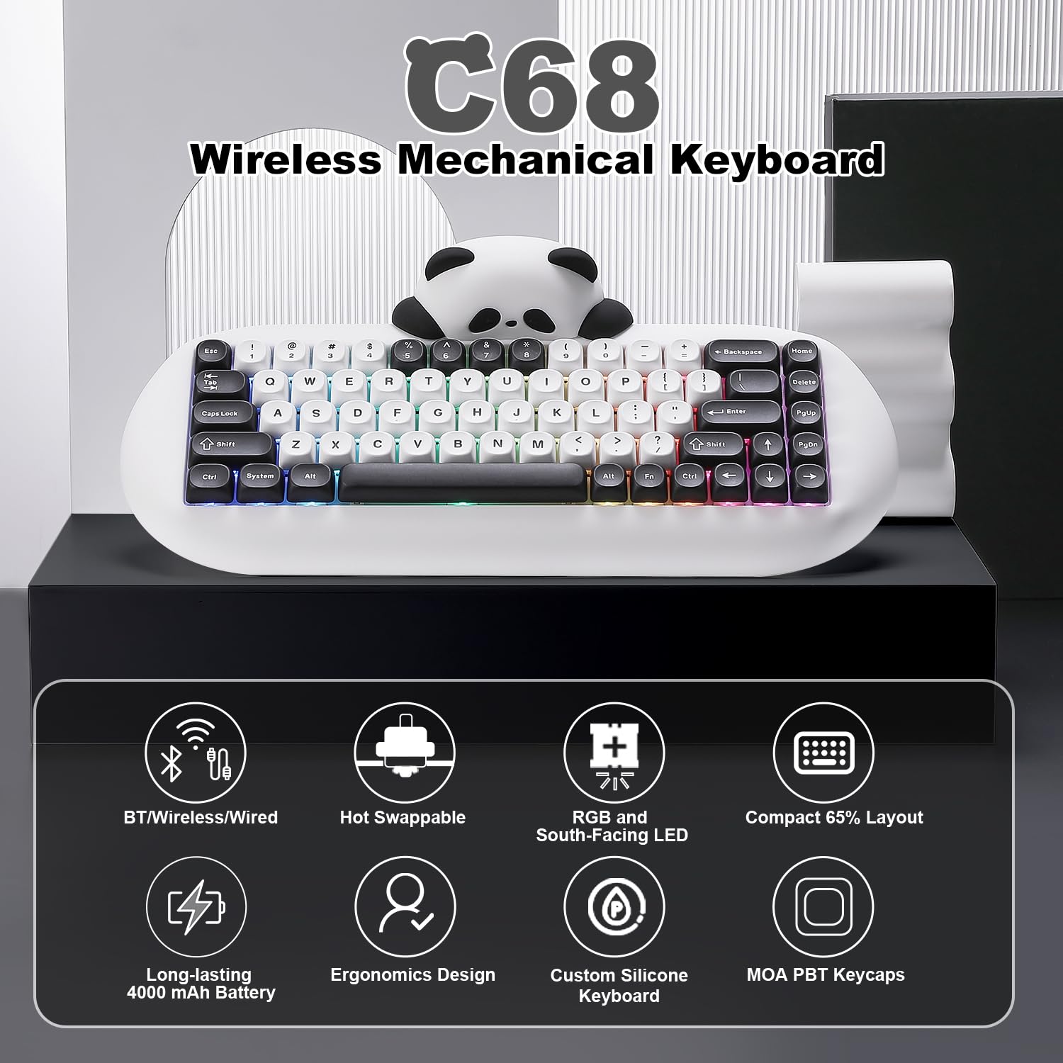Mua YUNZII C68 Panda Wireless Mechanical Gaming Keyboard, 68 Keys Cute ...