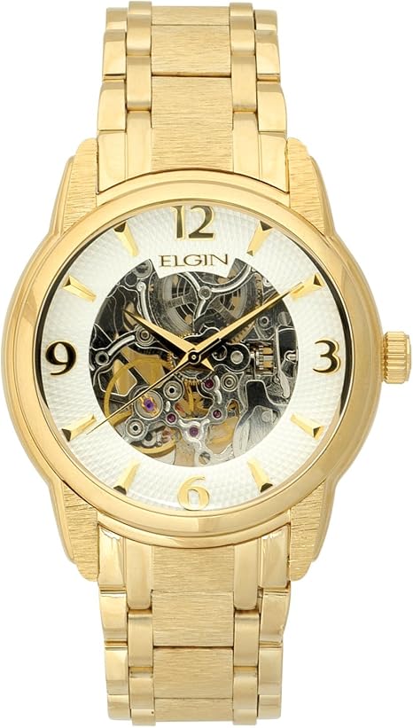 Elgin Men's FG346 Gold-Tone Automatic Skeleton Dial Solid Link Bracelet ...