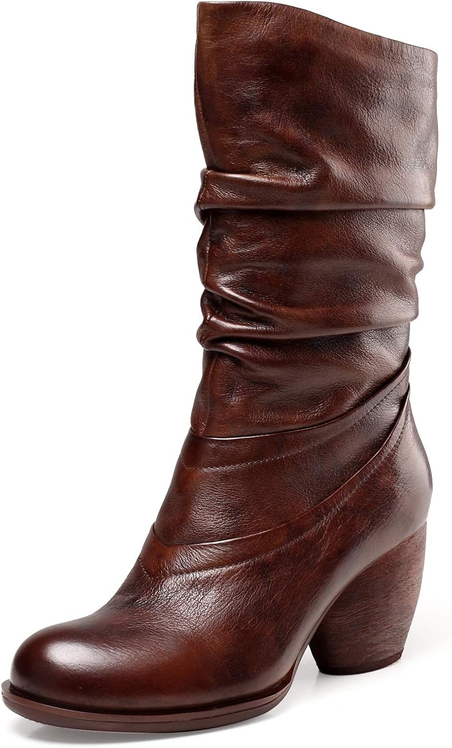 Damen Vintage Stiefel aus echtem Leder mit hohem Absatz und mittlerer ...