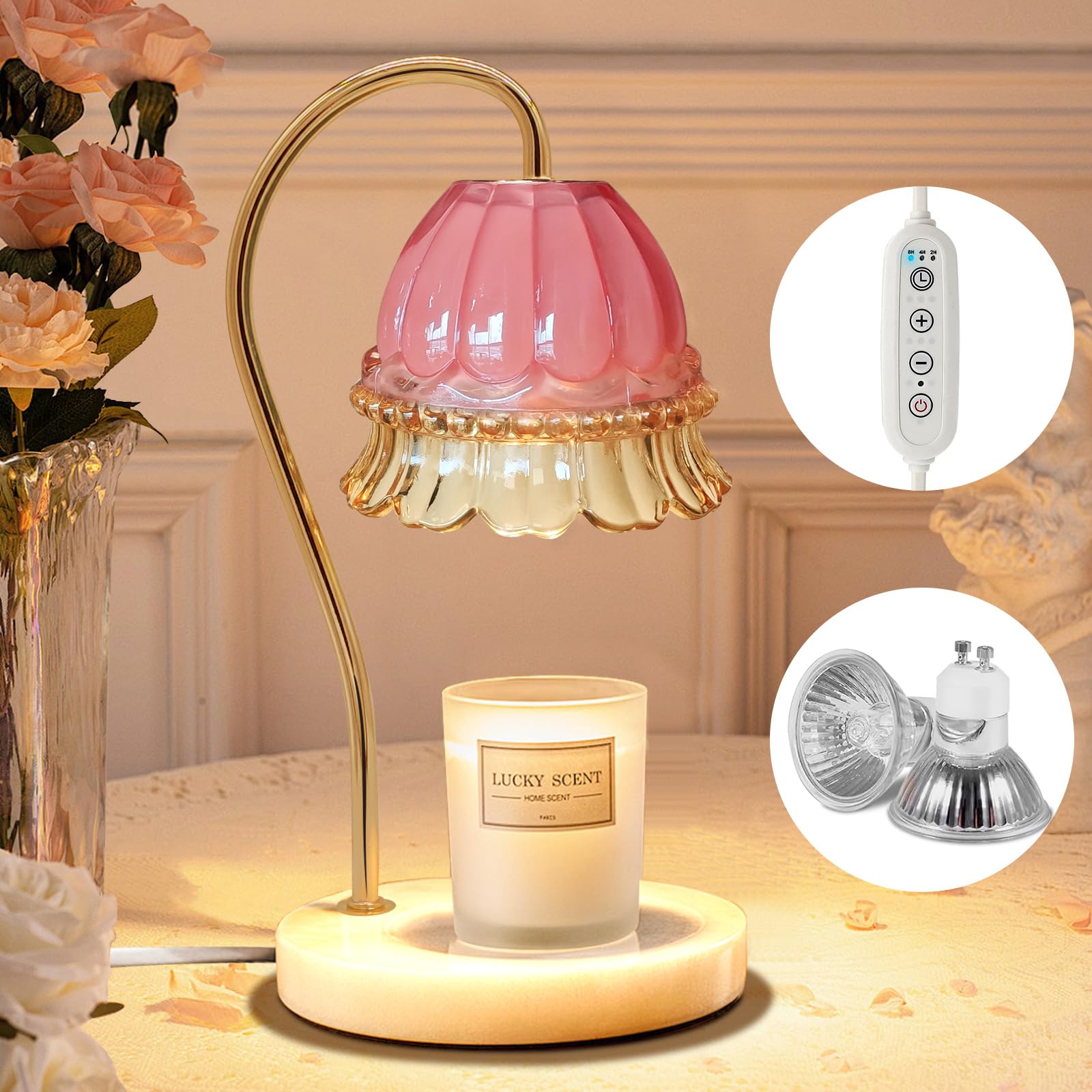 FAMIDUO Candle Warmer Lamp with Timer, Dimmable Elegant Glass Flower ...