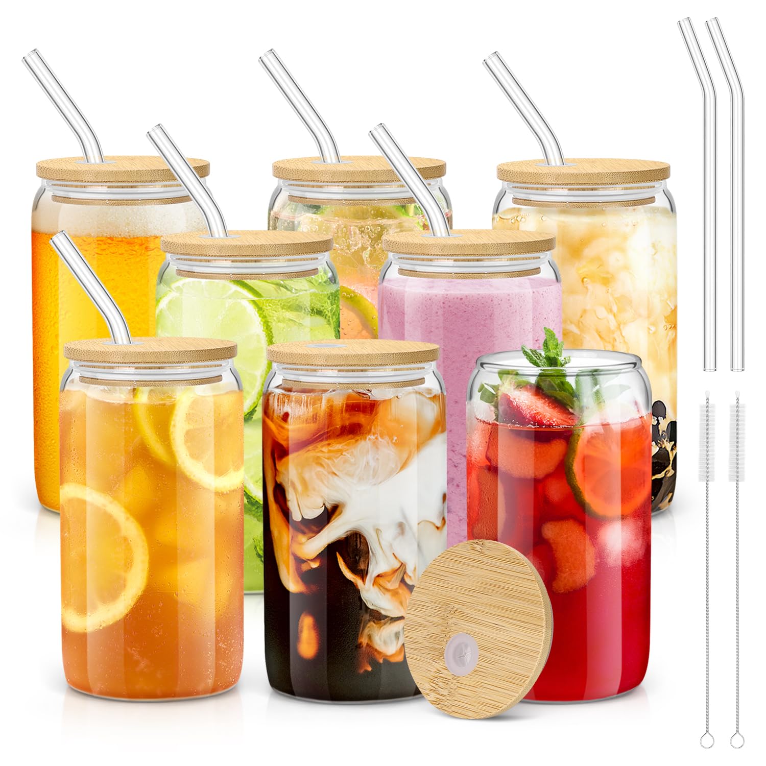 sungwoo 8PCS Glass Cups with Bamboo Lids and Straws, 16OZ Ice Coffee ...