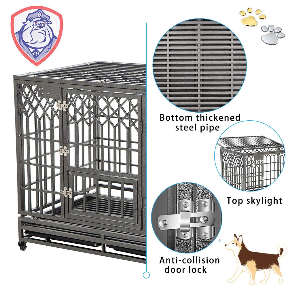 SMONTER Heavy Duty Dog Crate Strong Metal Pet Kennel Playpen with Two Prevent Escape Lock, Large ...
