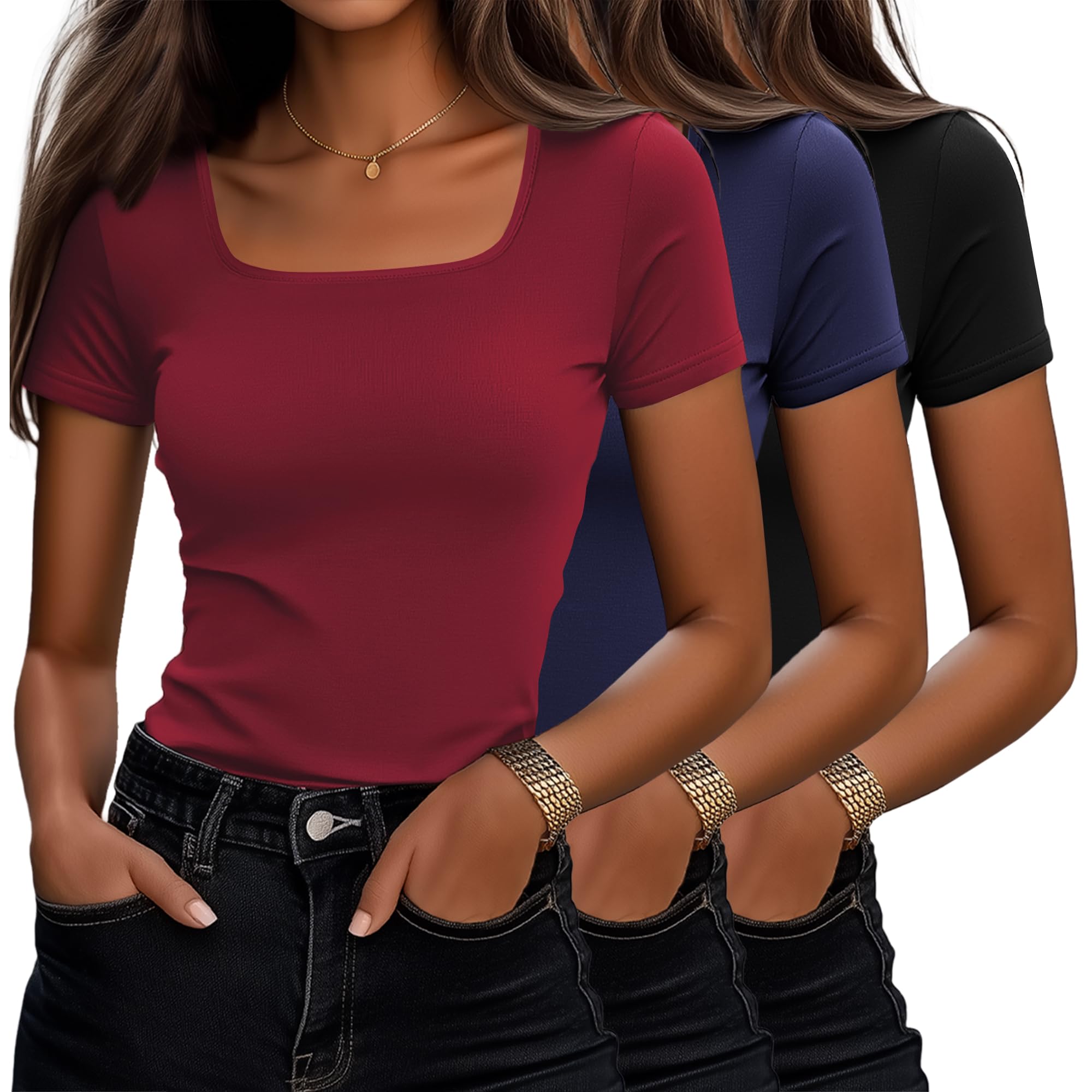 Ficerd 3 Pack Women's Cotton Square Neck Shirts, Short Sleeve Slim Fit ...