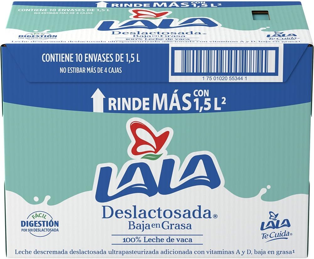 Lala Leche UHT Deslactosada Baja en Grasa con Tapa, 1.5 L, 10 Piezas ...