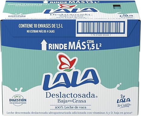 Lala Leche UHT Deslactosada Baja en Grasa con Tapa, 1.5 L, 10 Piezas ...