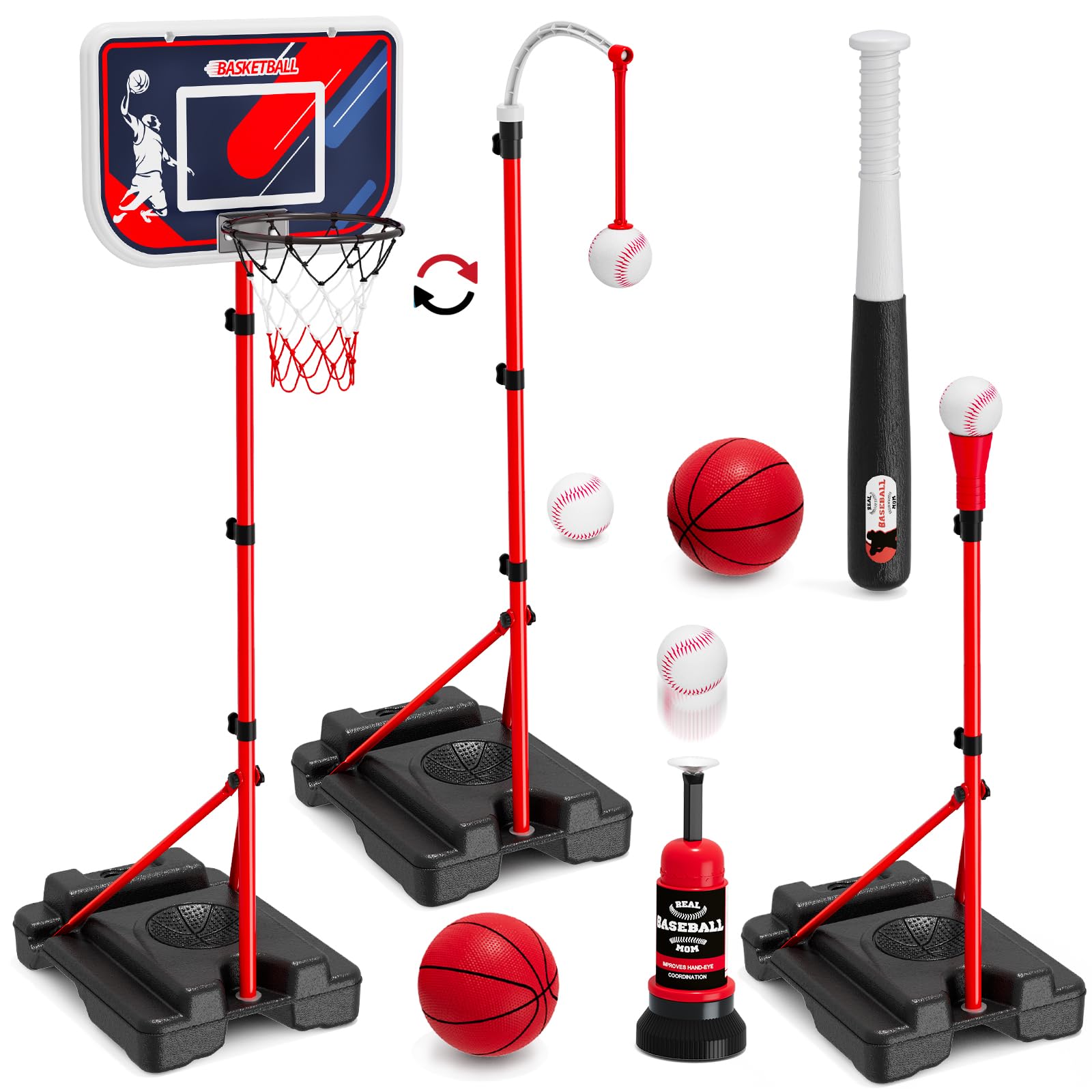 HYES 4 in 1 Kids Basketball Hoop and Tball Set for Toddlers 3-5 ...