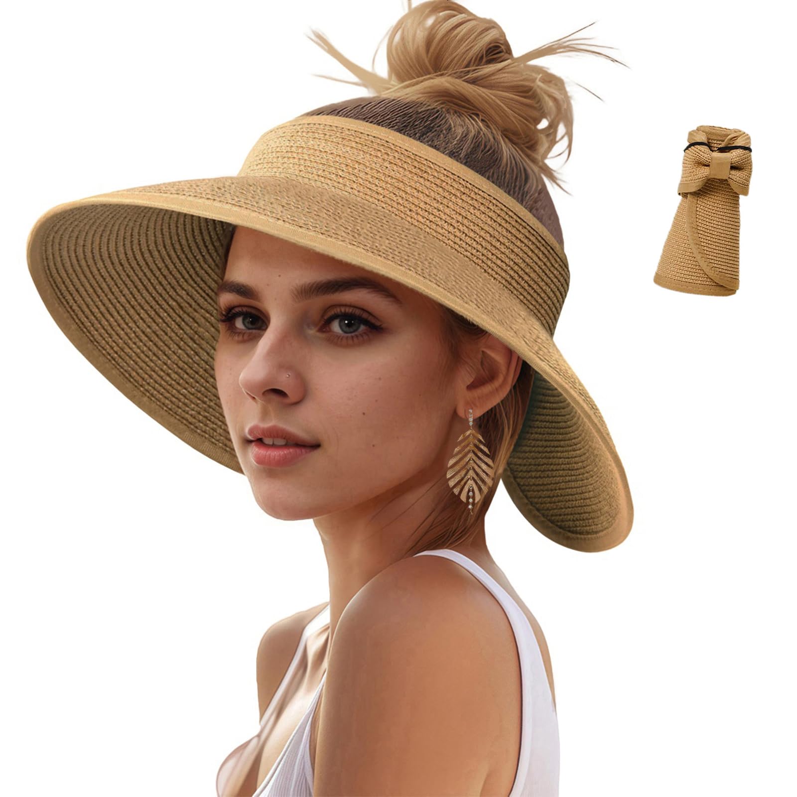 Sun Hats Visor for Women, UV UPF Straw Beach Hat Foldable Wide Brim ...