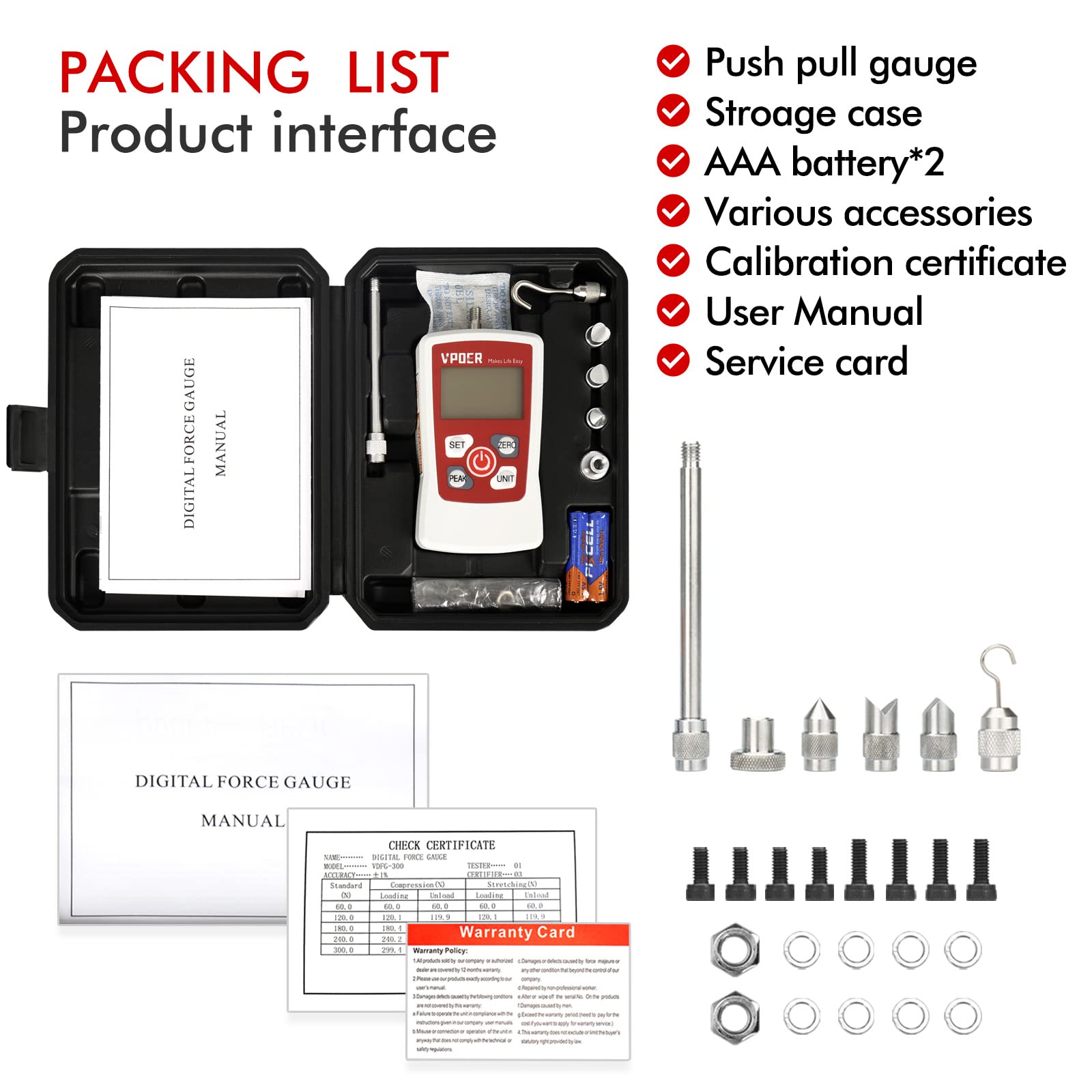 VPOER Digital Force Gauge Push Pull Gauge Tester Portable Force Meter ...