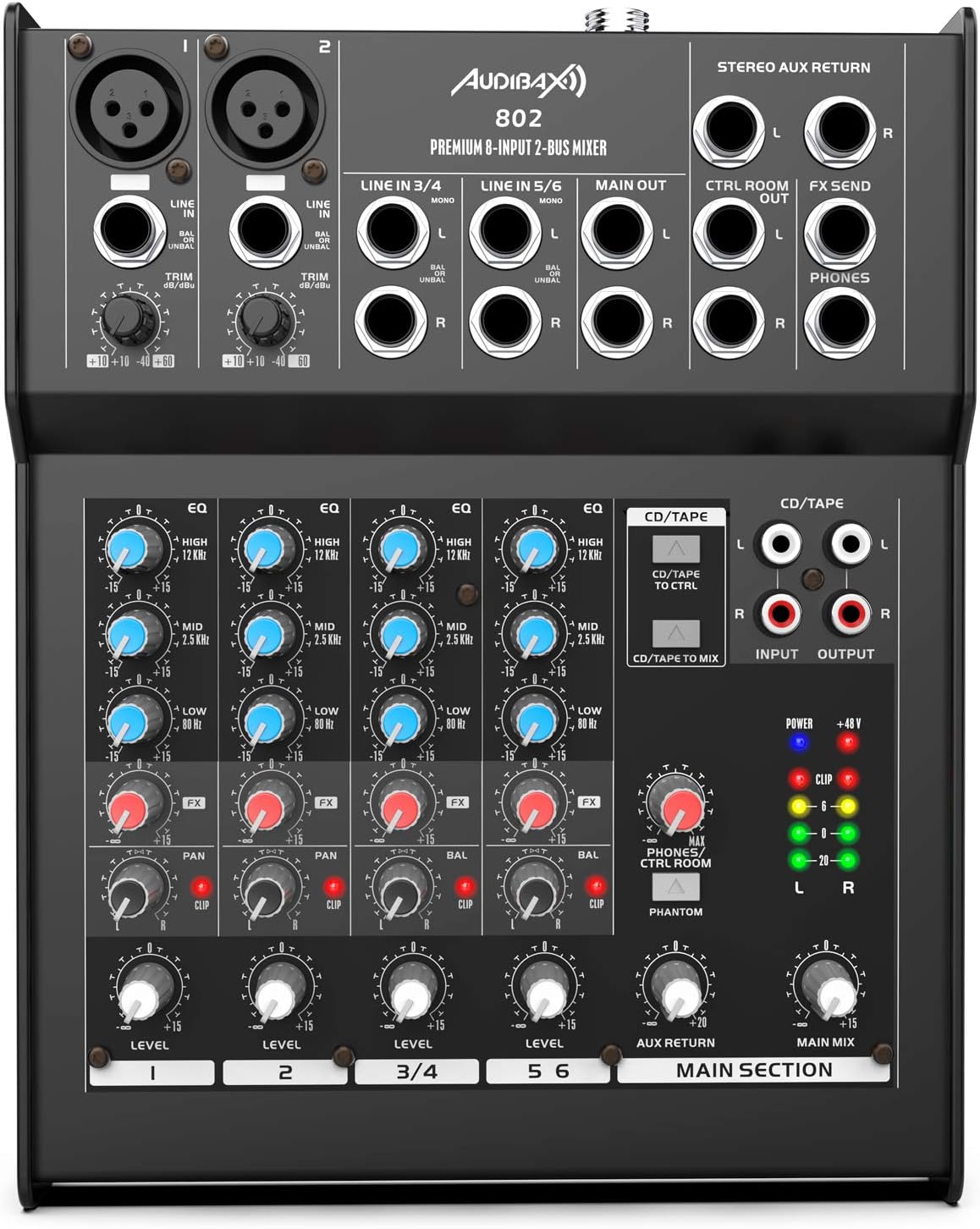 Audibax 802 - Mesa de Mezclas con 6 Canales, Ecualizador de 3 Bandas ...