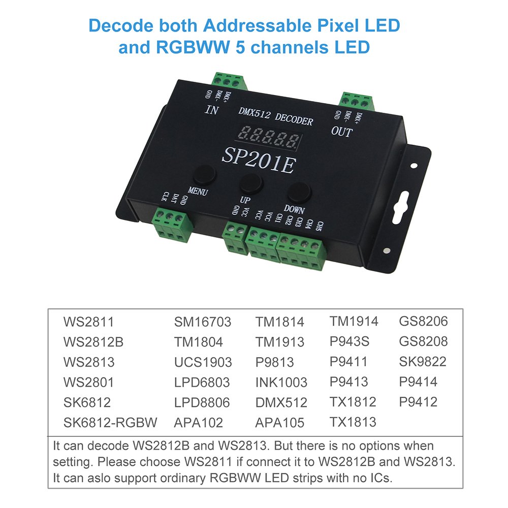 Mua WS2812B WS2811 DMX to SPI Controller Decoder, W/ 99 Color Modes, 5 Channel DMX 512 RGB WW ...