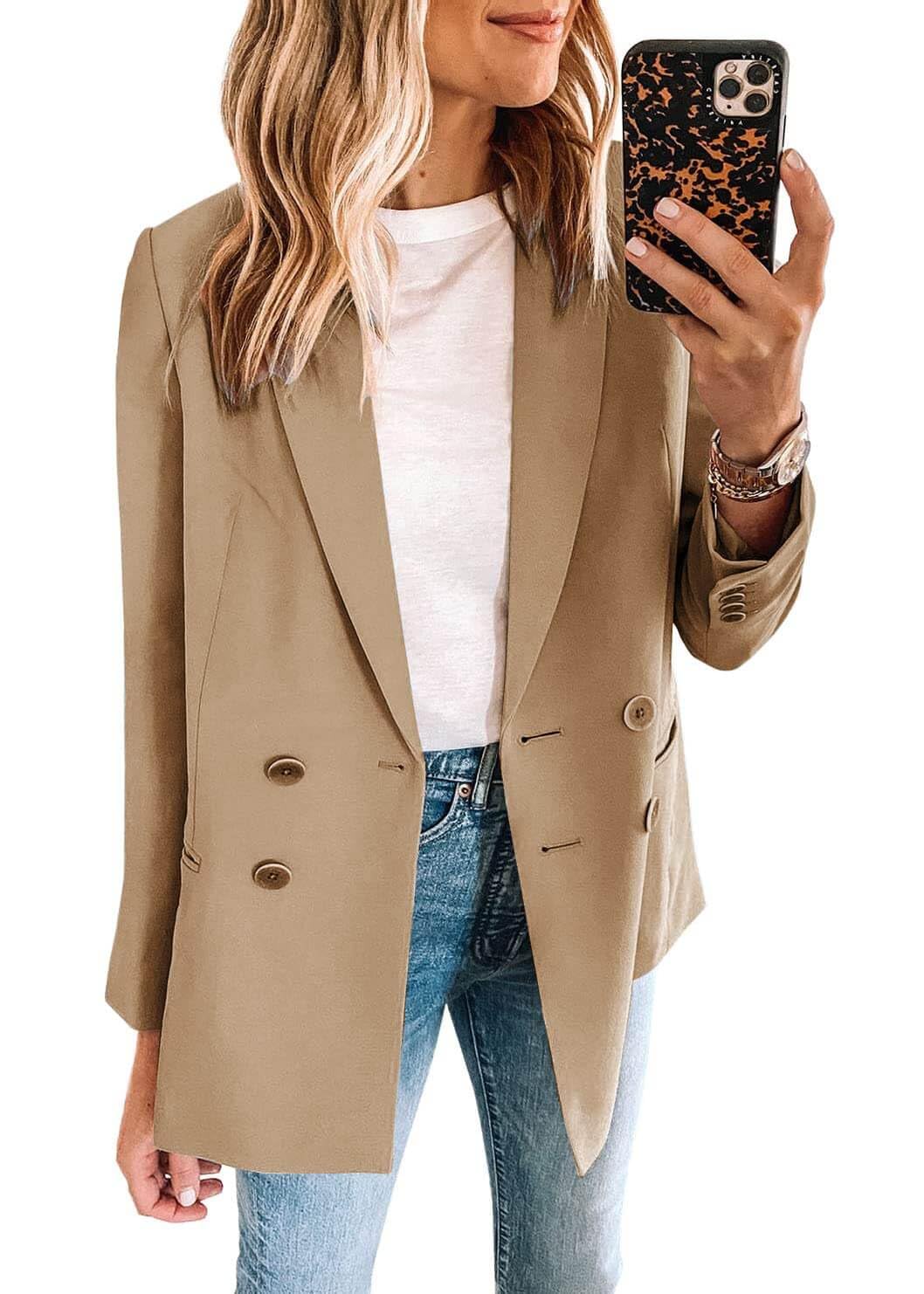 Zwurew Women's Long Sleeve Casual Blazers Lapel Open Front Double ...