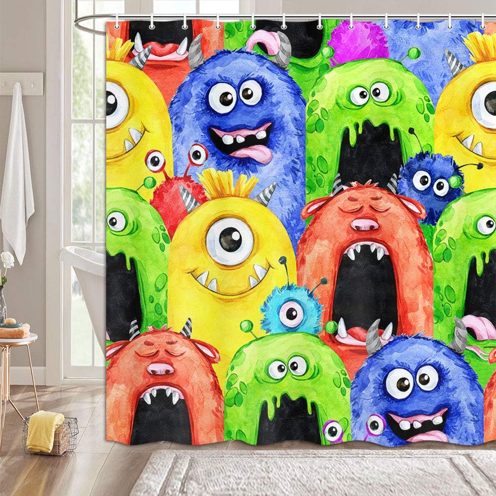 MERCHR Cartoon Monsters Shower Curtain, Funny Monster Heads Kids Design ...