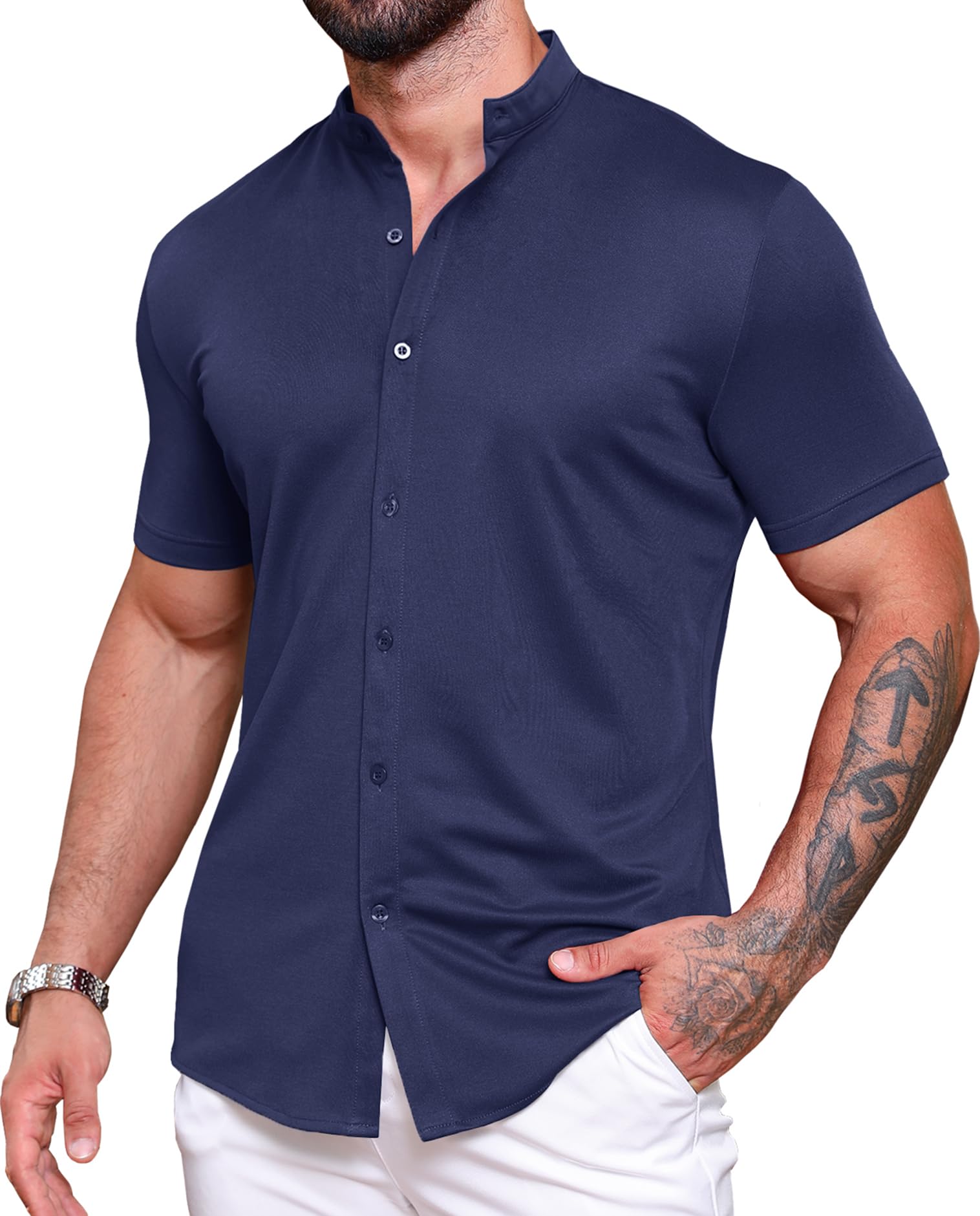 URRU Men's Muscle Dress Shirts Slim Fit Stretch Banded Collar Short Sleeve Wrinkle Free Casual ...